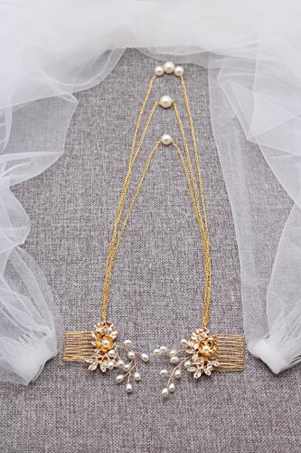 Kercisbeauty 3M Soft Tulle Sheer Cathedral Wedding Lace Veil Single Layer Drop with Gold Flower Comb Multi Layer Pearl Chain for Bride Bridal Headpiece Hair Dress(White)