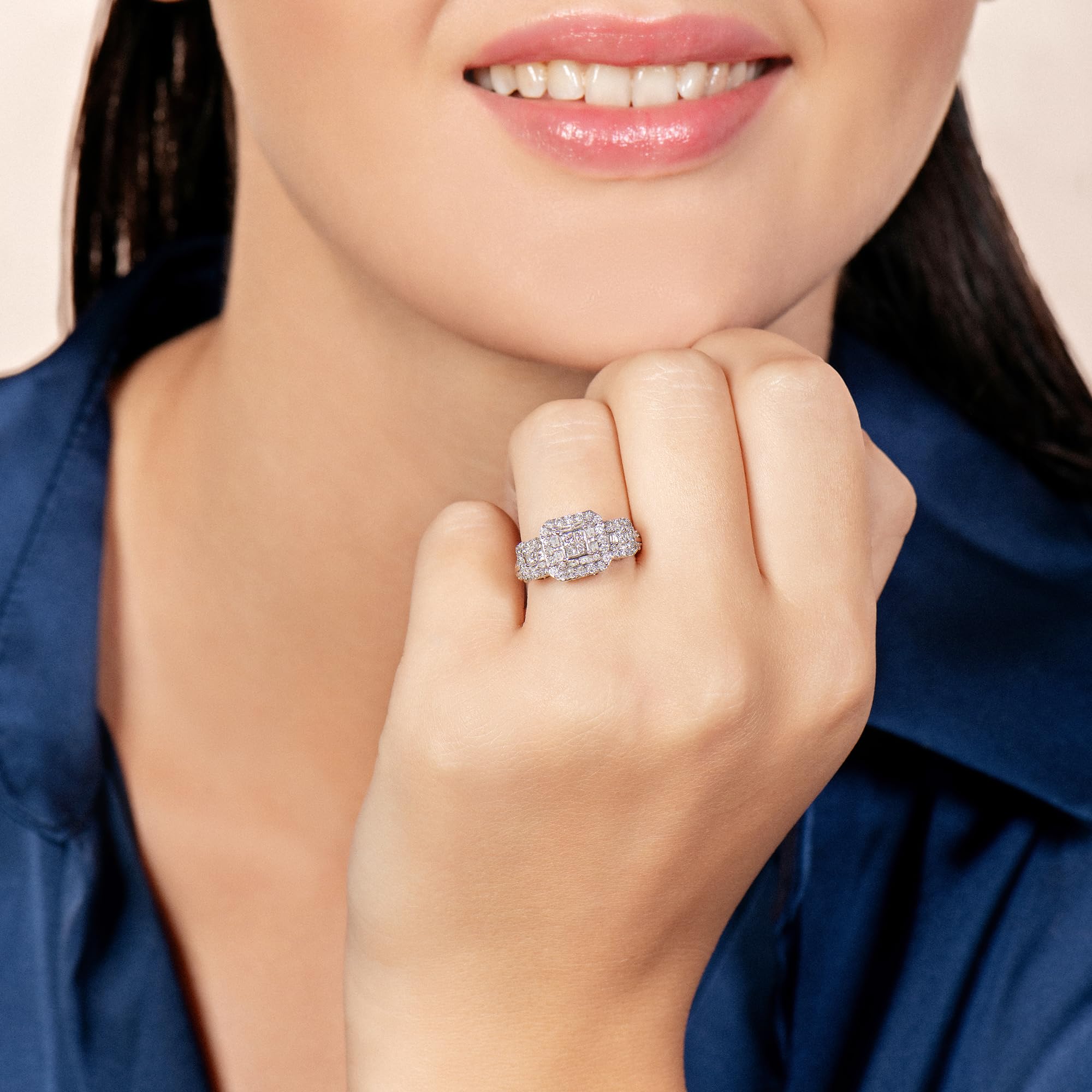 Jewelili 10K White Gold 1 Cttw Princess Cut Centre with Round and Baguette shape Natural White Diamond Engagement Ring, Size 8