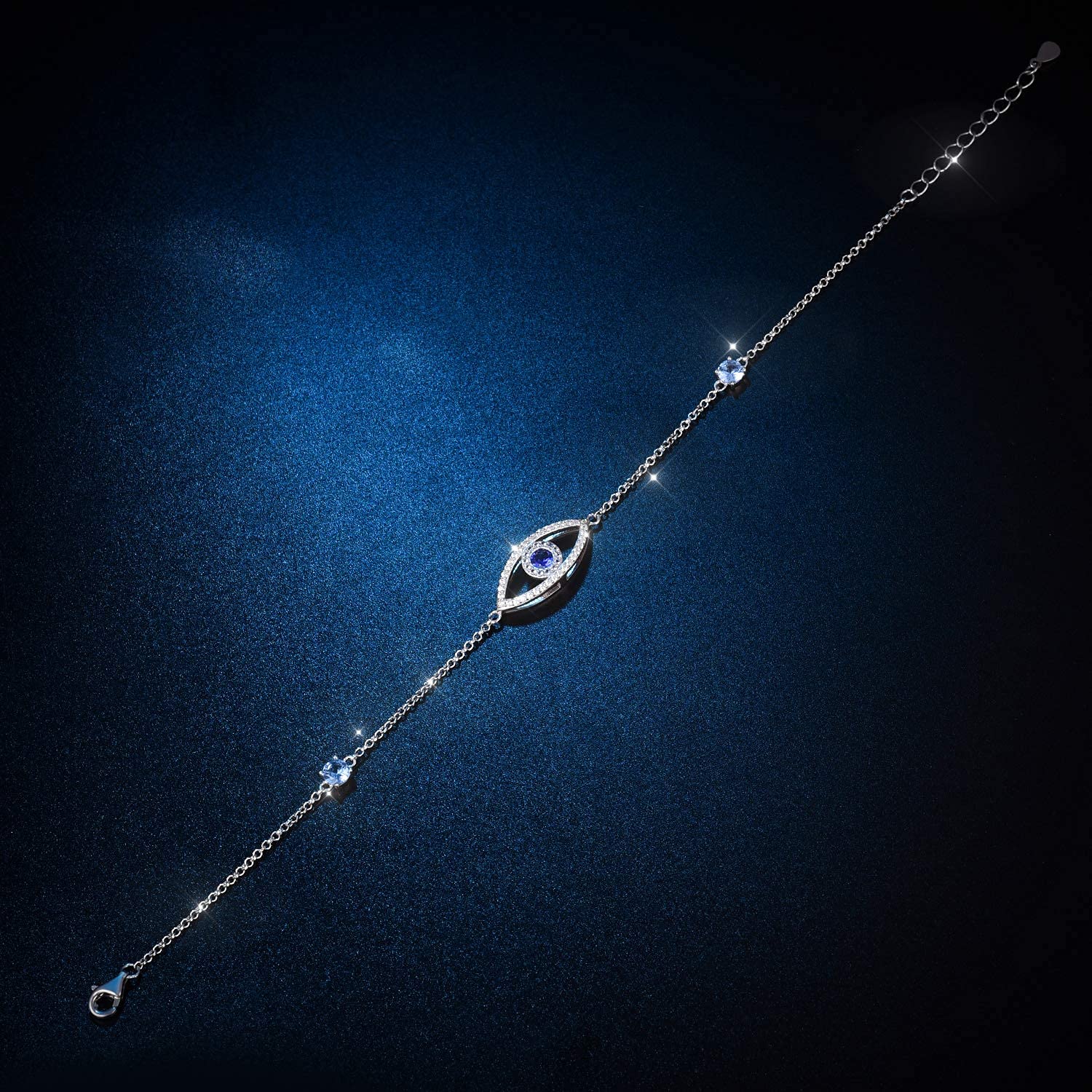 IOHUPCI 925 Sterling Silver Expandable Lucky Blue Evil Eye Chain Bracelet with Sparkling Cubic Zirconia for Women