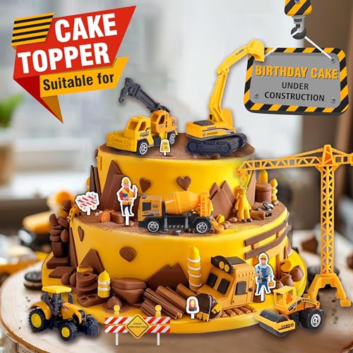 Oriate Construction Car Toys for Kids, Die Cast Construction Vehicles Toy Set Educational Mini Flatbed Trailer Excavator Bulldozer Forklift Trucks Road Signs, Birthday Gift Toys