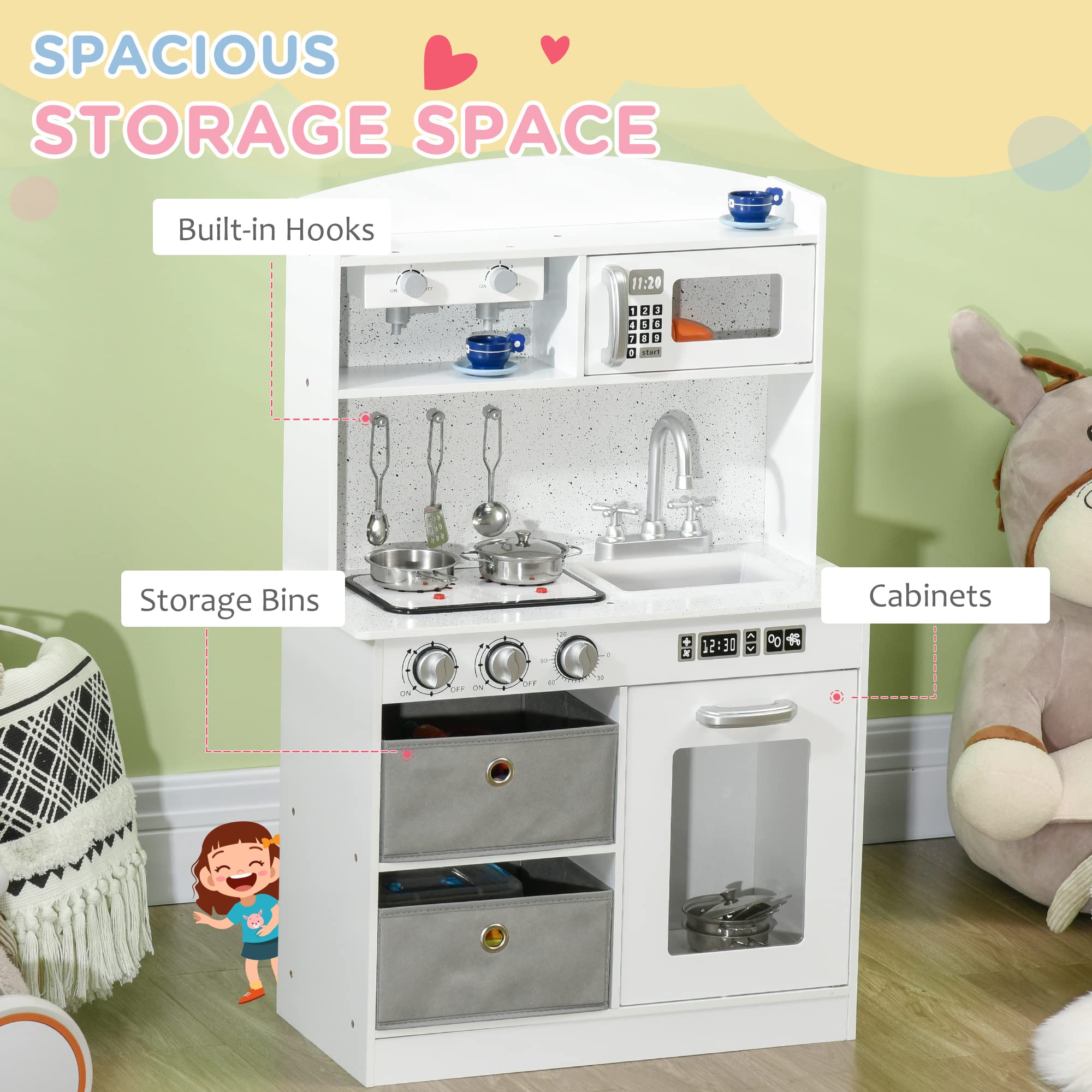 Qaba Wooden Play Kitchen with Easy Toy Organizer Bins, Latte Maker Pretend Play Kitchen Set with Stove Sound Effects, Preschool Imaginative Toy Playset
