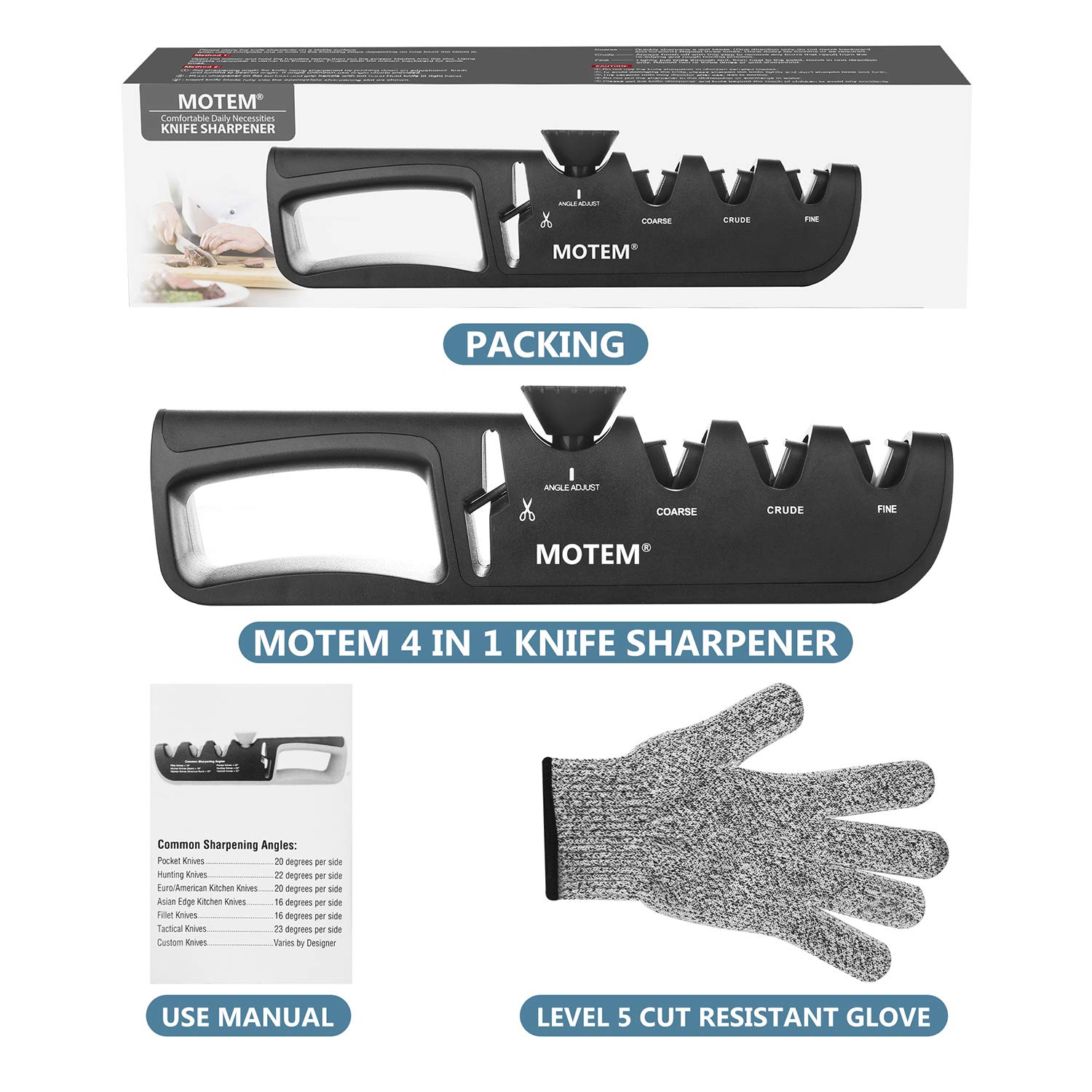 Knife Sharpener MOTEM 4 In 1 Kitchen Knife Sharpener and Scissor Sharpener: Helps Repair, Restore and Polish Quickly with Adjustable Angle Button for Various Knives