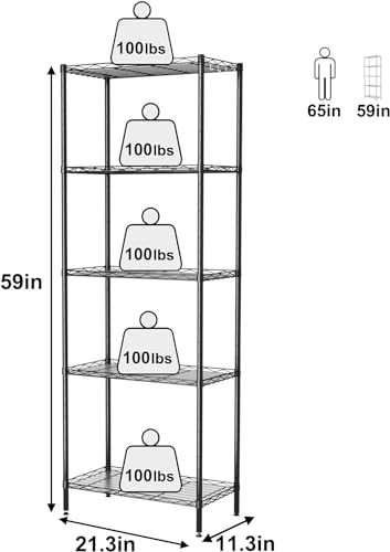 JEROAL 5 Tier Wire Shelving Unit Adjustable Height Storage Shelf Display Rack with 4 S-Shaped Hooks Standing H eavy Duty Metal Shelving for Laundry Bathroom Kitchen (Black)