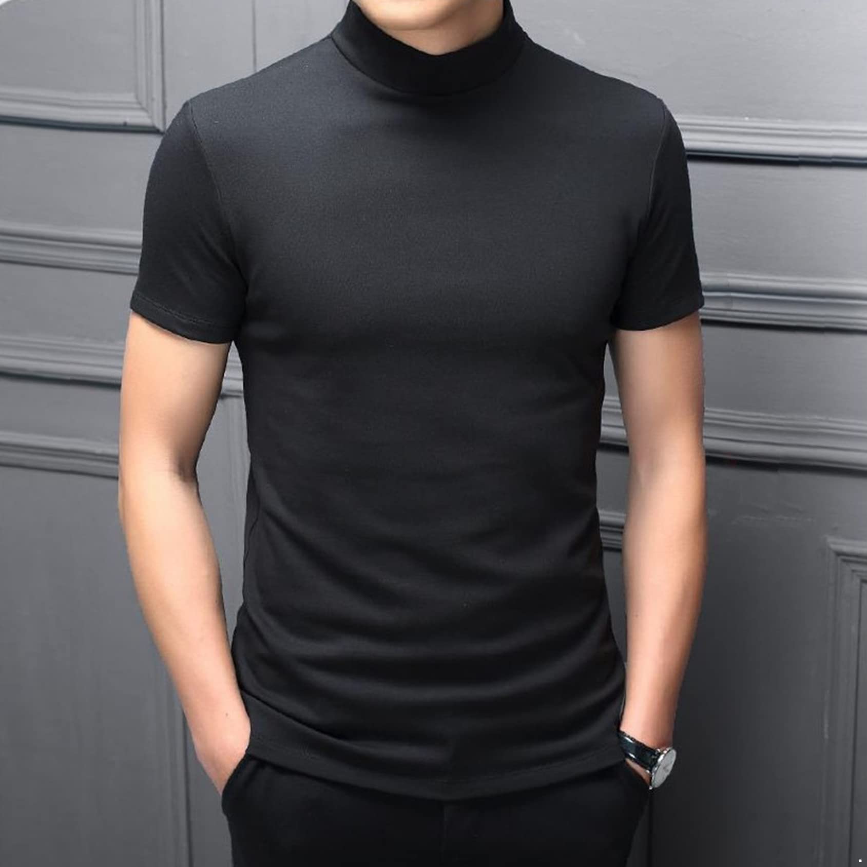 Men's Mock Neck Short Sleeve T-Shirt Half Turtleneck Casual Undershirt Basic Slim Lightweight Tee Burgundy Medium