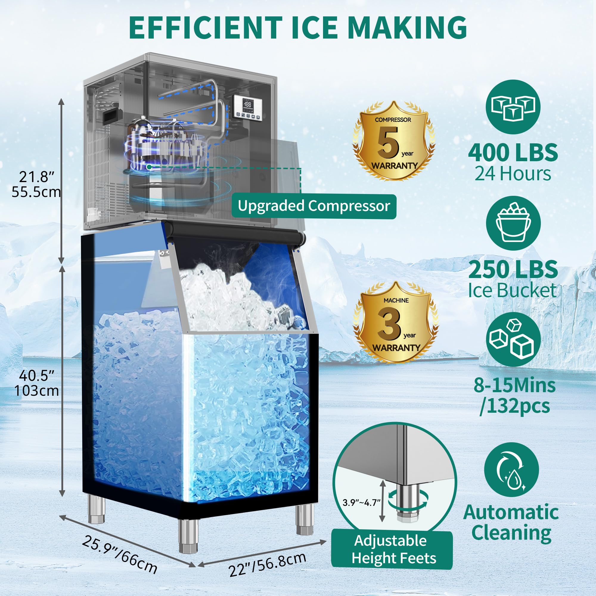YITAHOME Commercial Ice Maker Machine 400LBS/24H with 250LBS Storage Bin, Upgraded Compressor, Self-Cleaning Stainless Steel Industrial Ice Mchine, Includes Ice Scoop, Ice Bucket and Filter