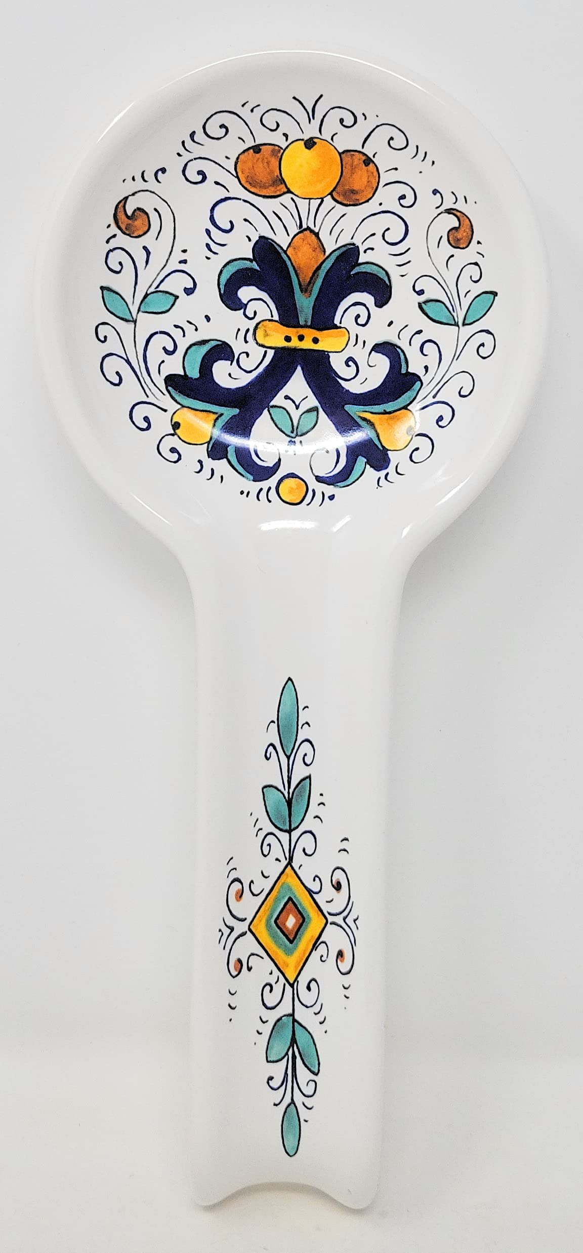 Nova Deruta Spoon Rest, Blue and Yellow Fleur De Lis with Fruit, Made in Italy, Italian Exclusively Handcrafted Earthenware for Sur La Table, Deruta Region Artwork, 11.5" x 5"