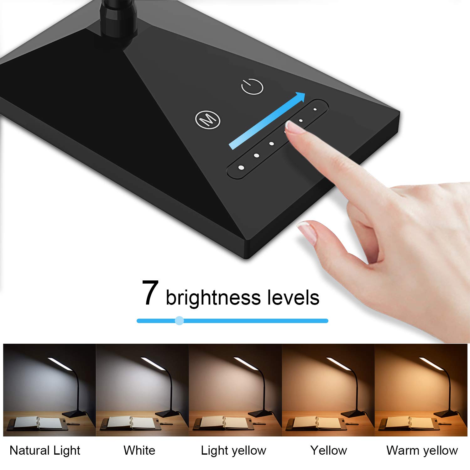 K&ZZ LED Desk Lamp, Dimmable Eye-Care Light for Office Study Lamp with USB Charging Port Touch Control Sensitive, 400LM 7-Level Dimmer & 5 Color Modes, Flexible Gooseneck Reading Light, Black