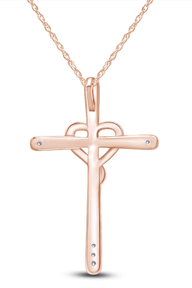 Jewel Zone US White Natural Diamond Cross Heart Pendant in 10K Rose Gold (1/20 cttw)