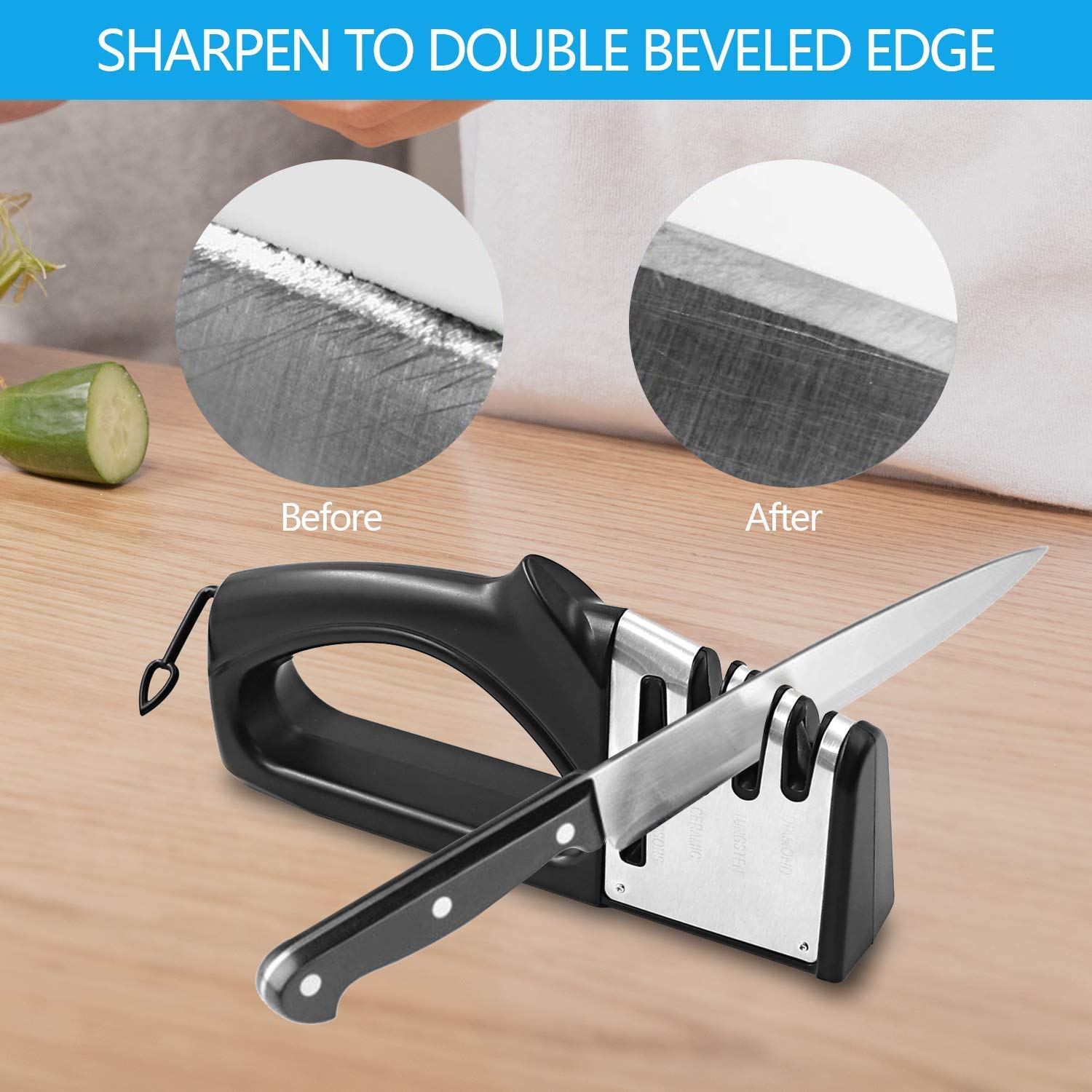 Knife Sharpener, 4 in 1 Manual Knives Scissor Sharpener, Professional Kitchen Knife Sharpen Tool with Ceramic,Tungsten Steel, Diamond Sharpening Groove,Safe and Easy To Use(Black)