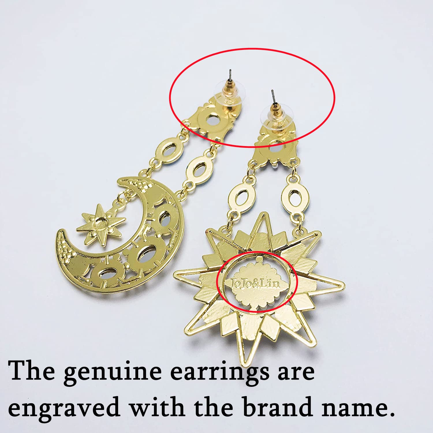 JOJO & LIN 18K Real Gold Plated Asymmetrical Earrings Sun Moon Star Statement Earrings for Women