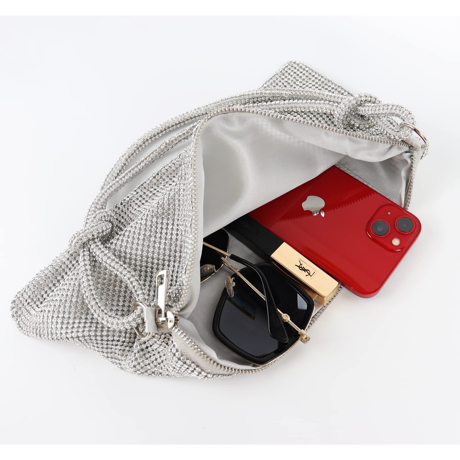 Rhinestone Purses for Women Hobo bag Sparkly Evening Handbag Silver Purses Clutch Purse for Party Club Wedding