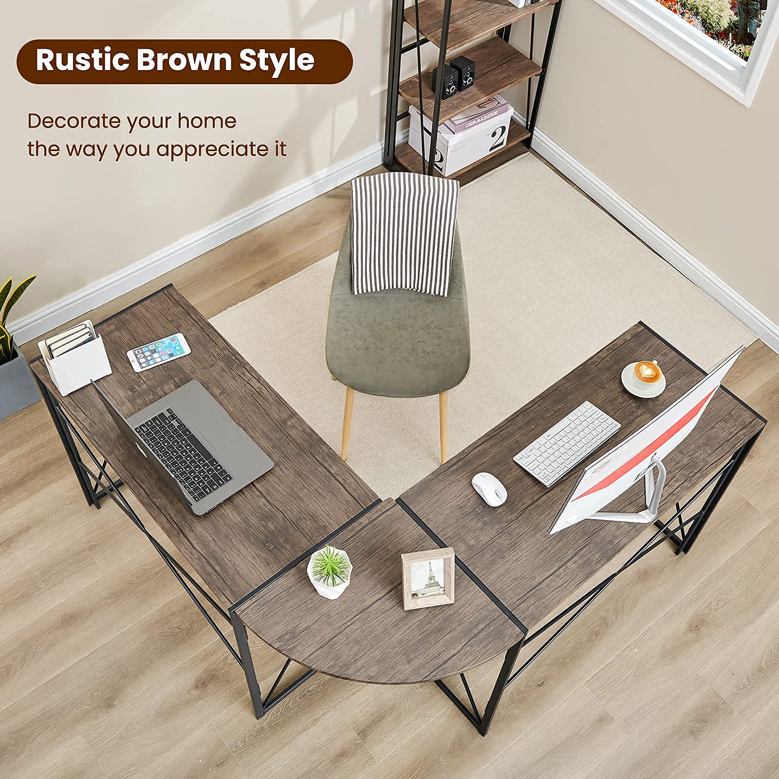 L Shaped Desk Folding Gaming Desk Corner Computer Desk Home Office Workstation PC Writing Table with Large Desk Top, Space-Saving, No Need to Assemble, Brown