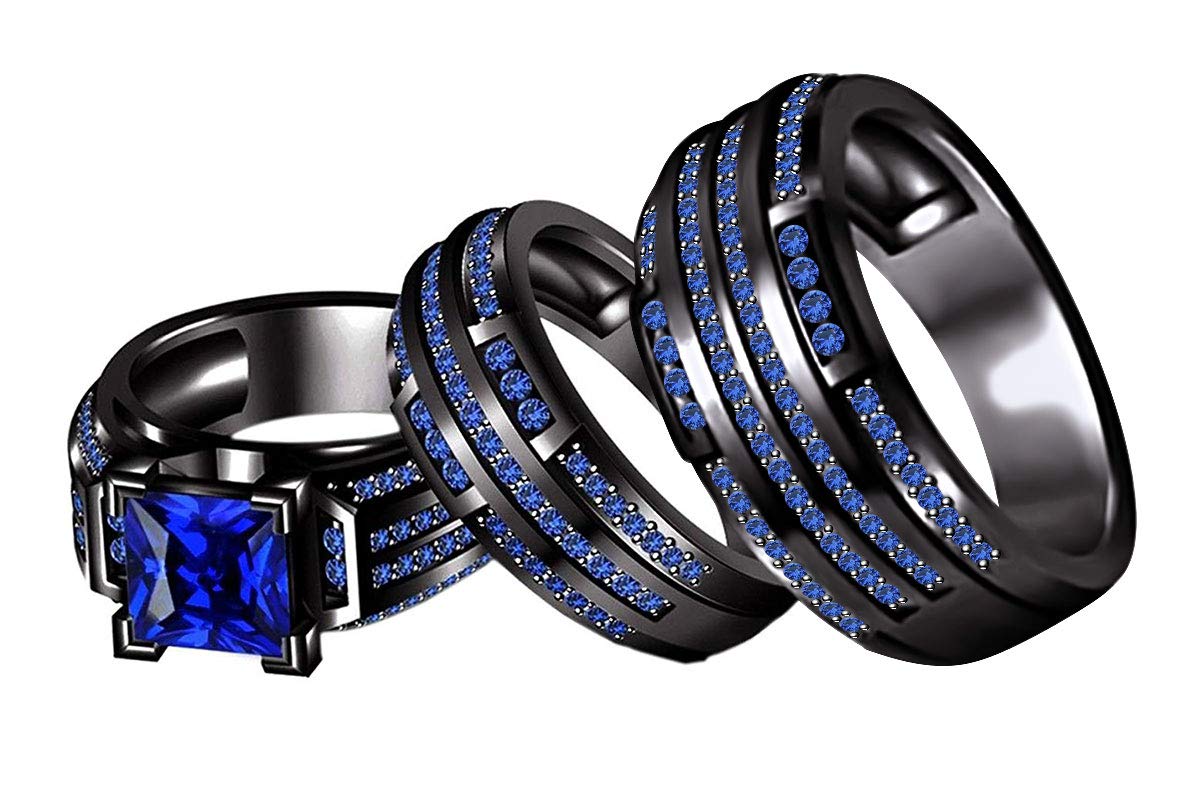Jewel Zone US Simulated Blue Sapphire Engagement and Wedding Trio Bridal Ring Set in 925 Sterling Silver (3.4 Ct)
