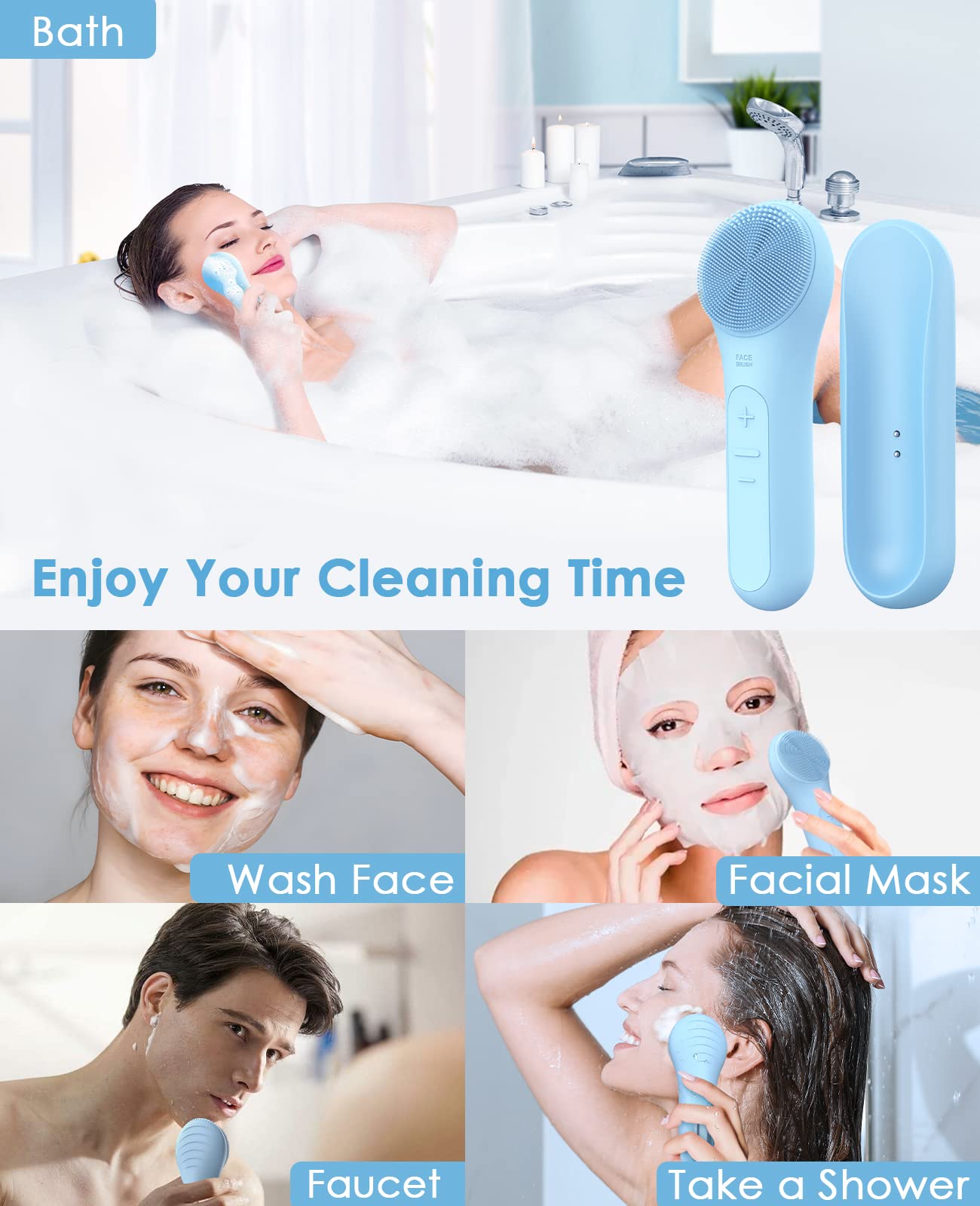 Sonic Silicone Face Scrubber for Sensitive Skin Waterproof Electric Facial Cleansing Brush with Base, Jack&Rose Inductive Charging Face Exfoliator Brush—Sky Blue