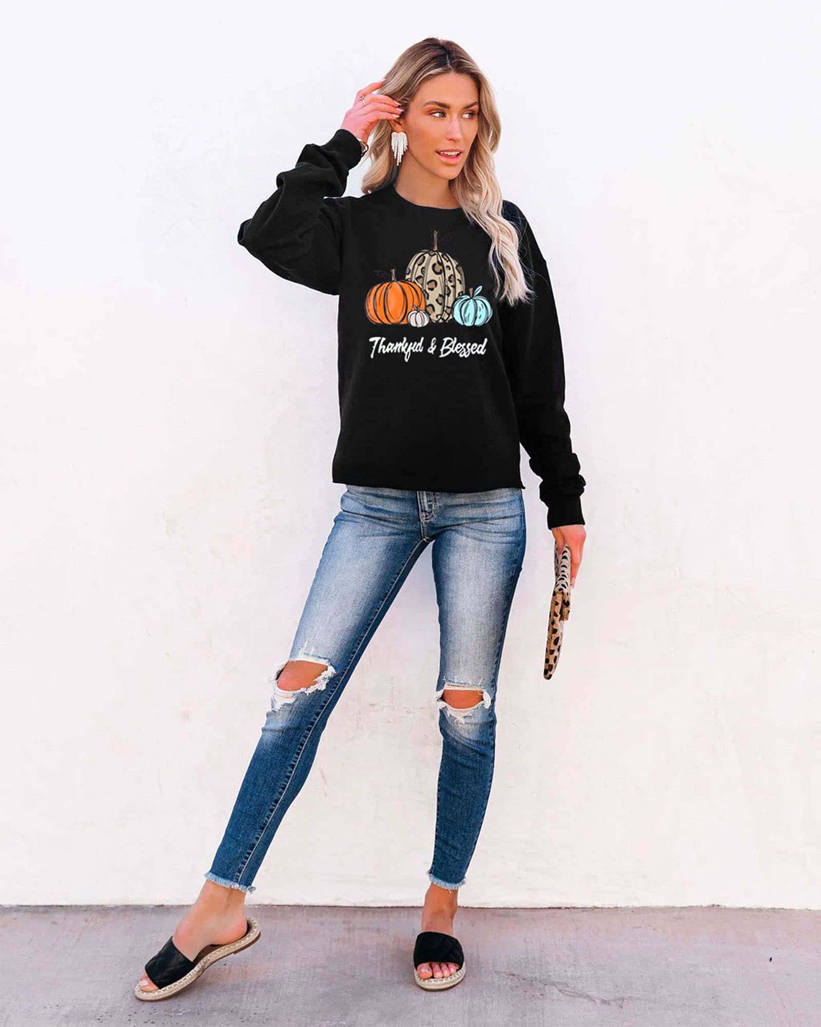 KIDDAD Thankful Blessed Sweatshirt Womens Thanksgiving Shirt Cute Leopard Pumpkin Pullover Shirt Casual Fall Long Sleeve Tops