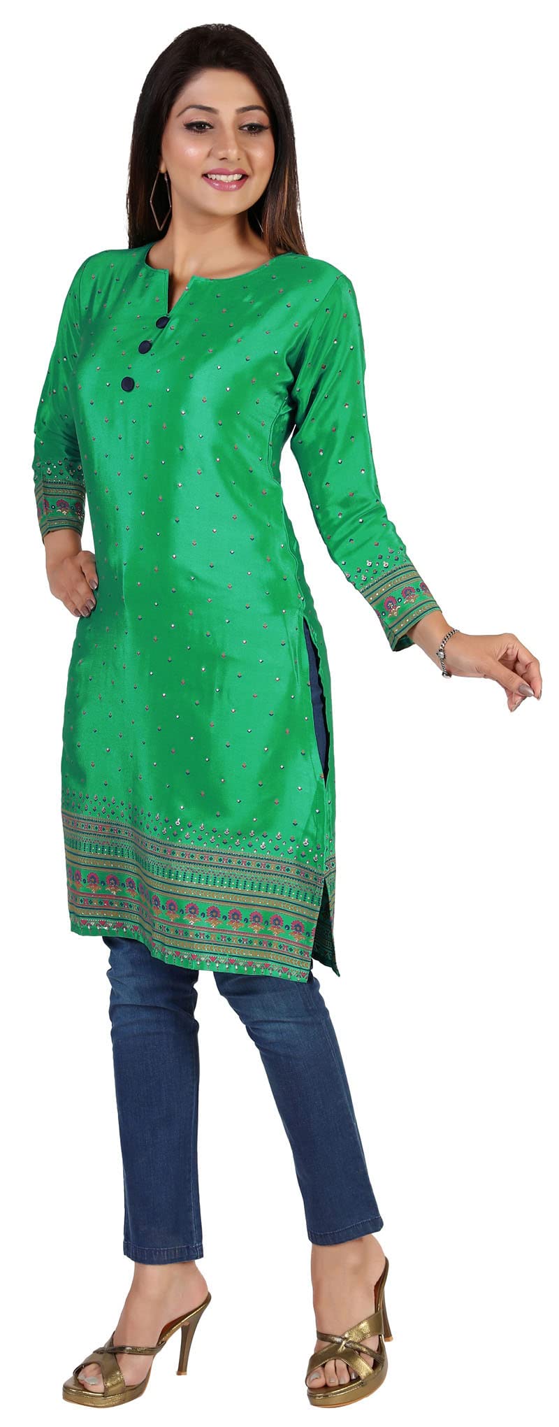 Indian Kurtas for Women Silk Long Kurti Tunic Party Wear Top (Green, 4XL)