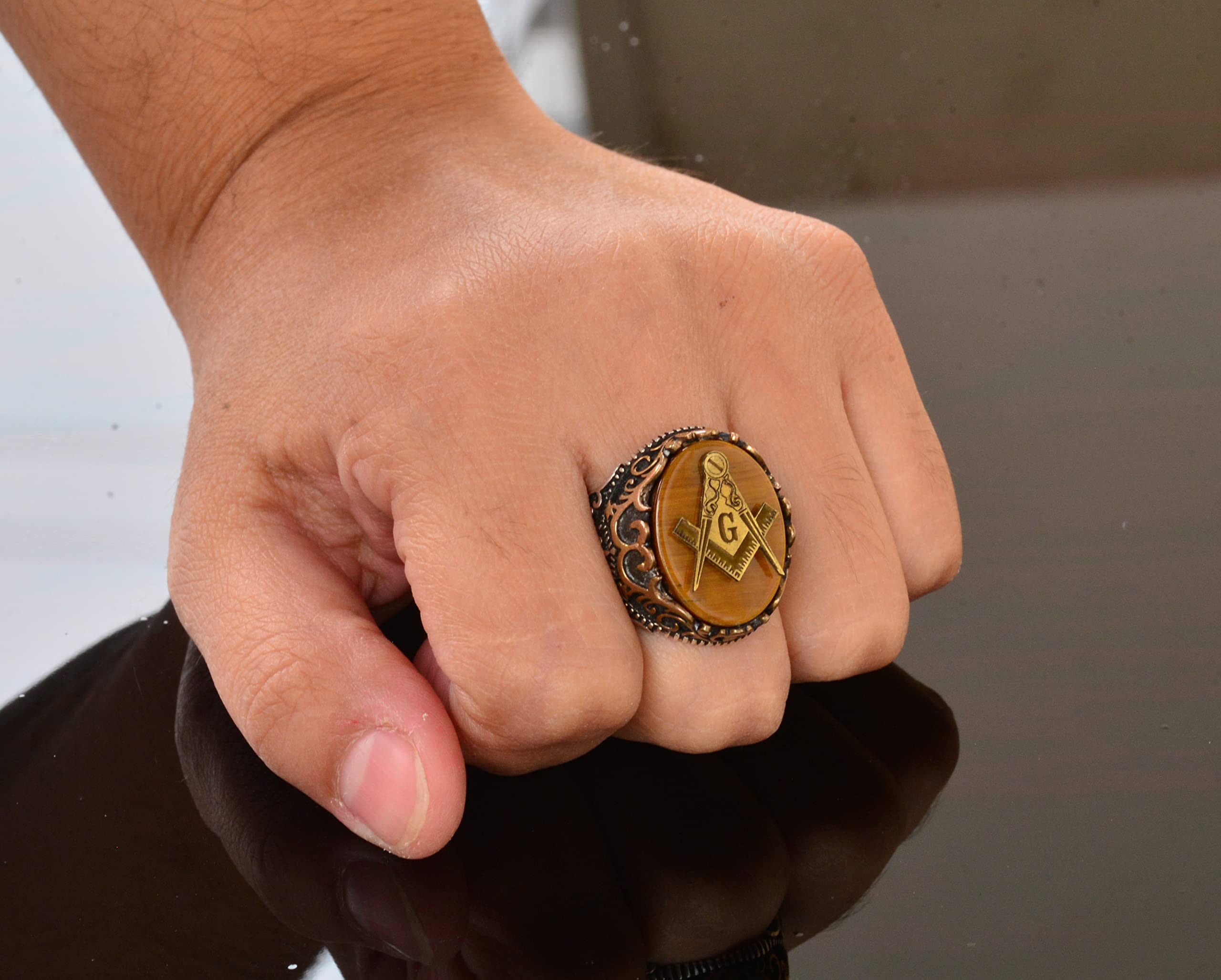 Men's Natural Tiger Eye Masonic Ring, 925 Sterling Silver, Handcrafted with Ornate Design