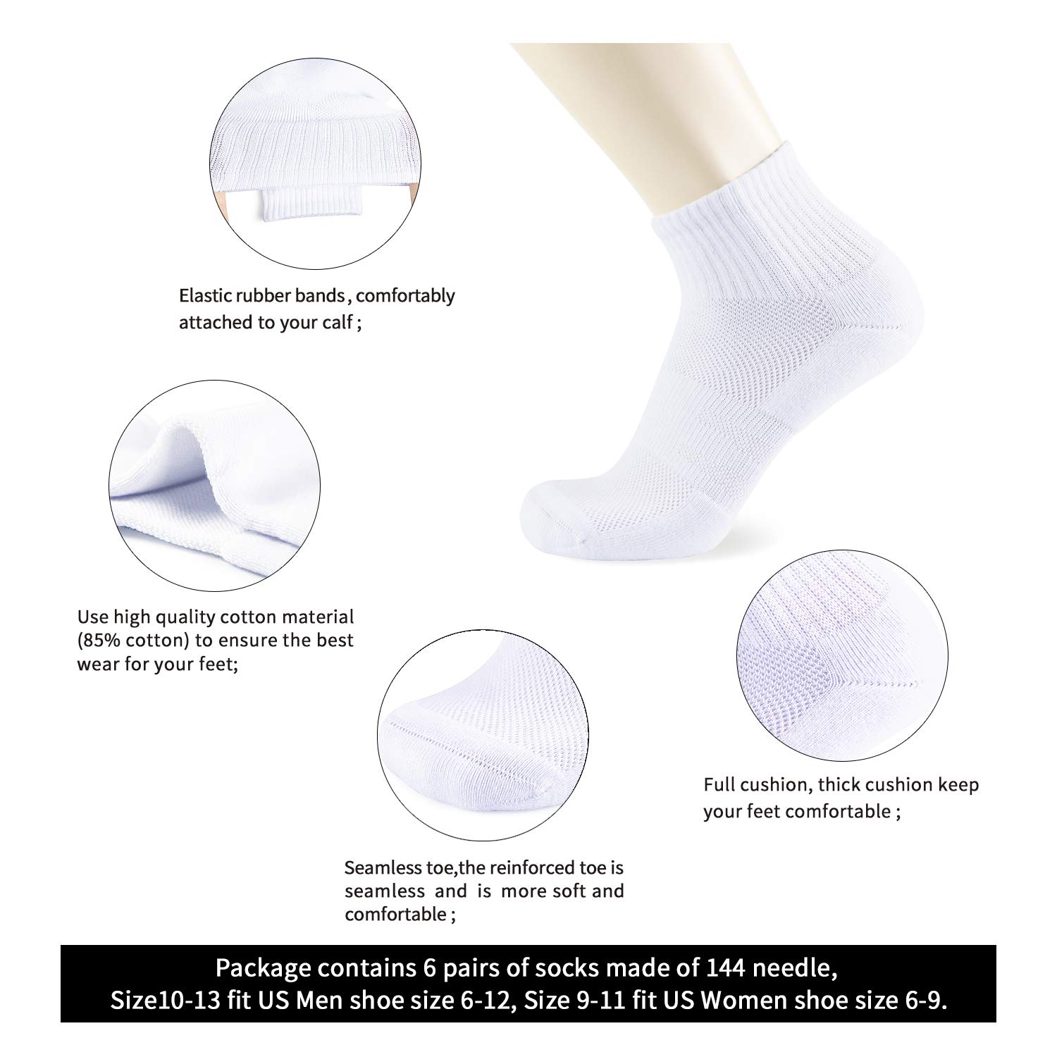 JOURNOW Combed Cotton Low Cut Athletic Cushion Socks for Men and Women 6 Pairs (9-11, White)