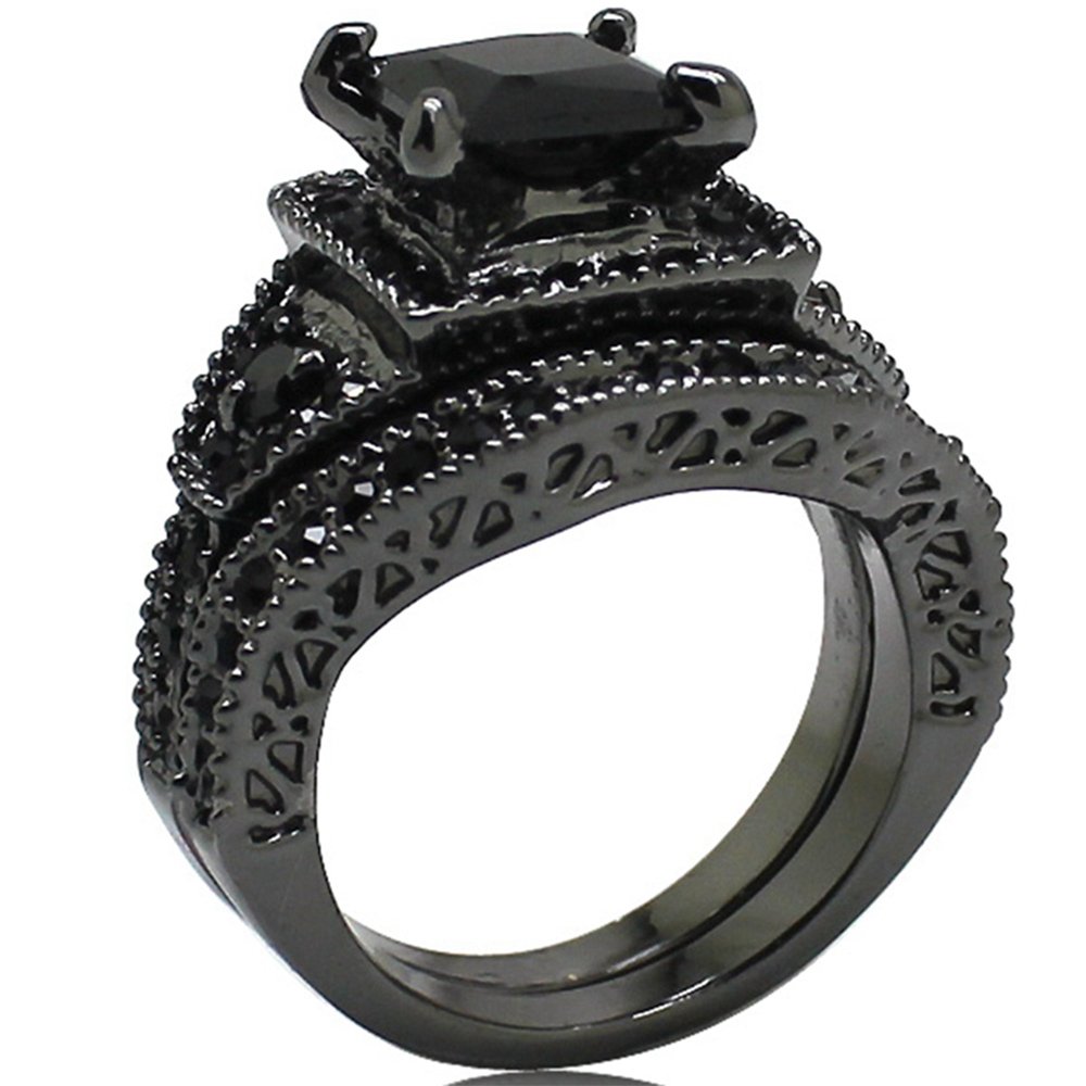 Jude Jewelers Balck Rhodium Princess Cut Wedding Engagement Ring Set (8)