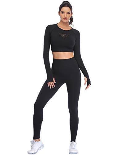 JOLLMONO Workout Sets for Women 2 Piece Yoga Gym Outfits Seamless Ribbed Leggings with Long Sleeve Tops(8003S-Black)