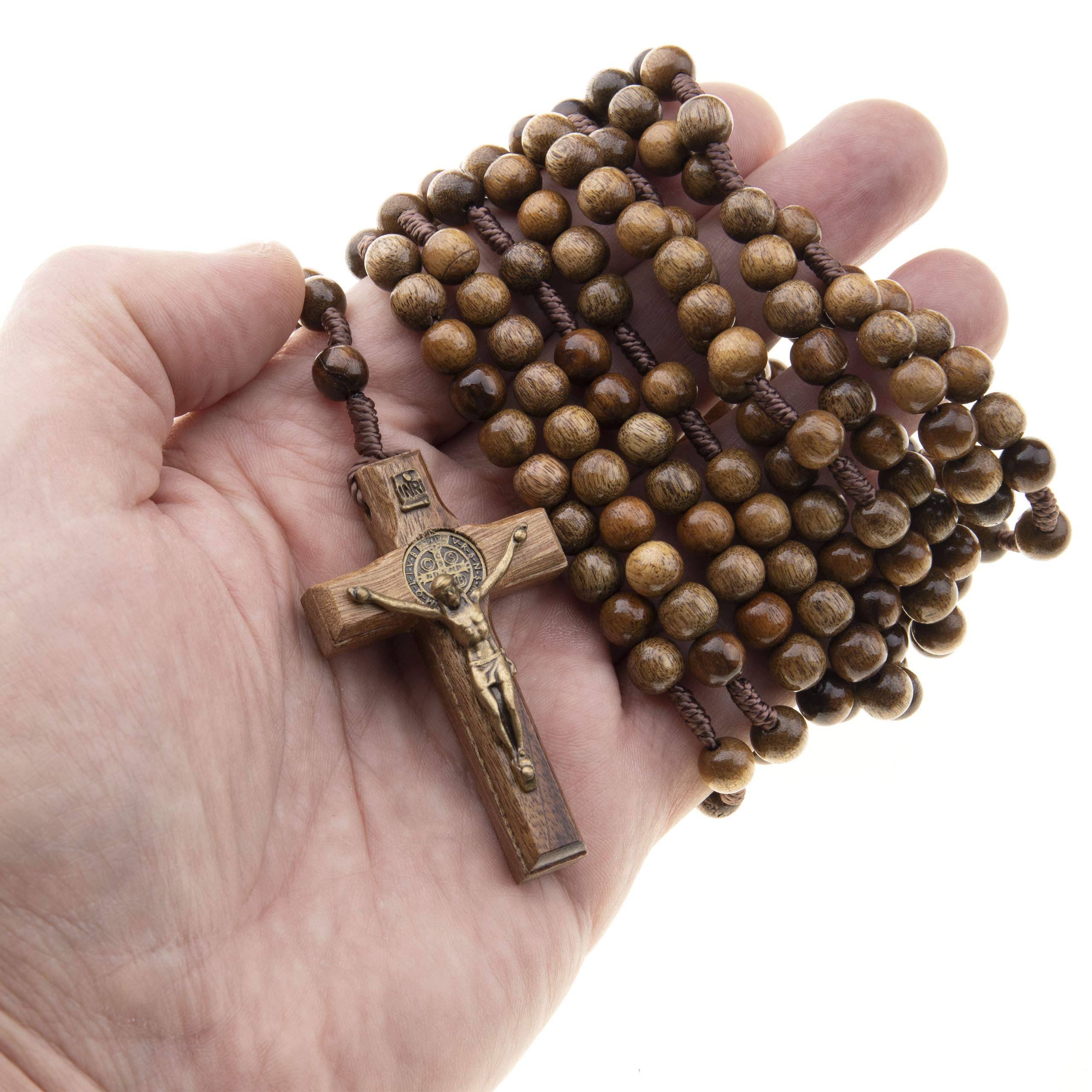 Iconeum 20 Decade Rosary Beads Catholic 7mm Brown Wood 43" Long on Durable Cord Wooden Crucifix