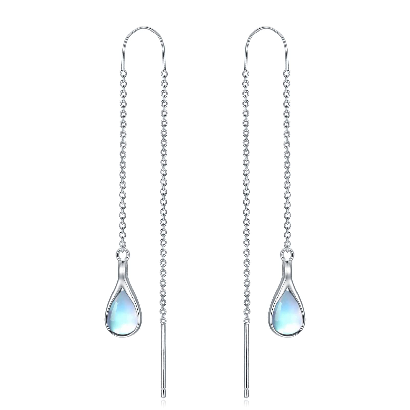 Moonstone Threader Earrings Long Chain Drop Earrings in 925 Sterling Silver