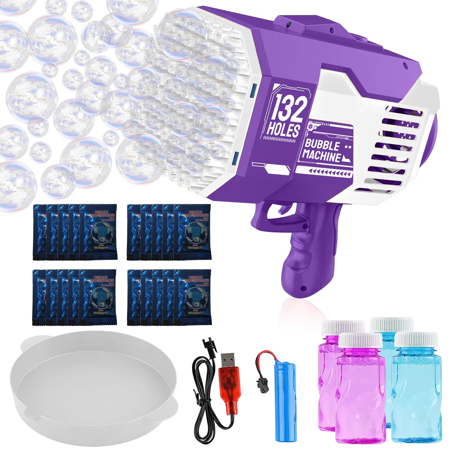 Kubromsky 132 Hole Bubble Machine Gun with Lights for Kids and Adults - Bazooka Bubble Gun for Kids and Special Events - 5000+ Bubble Blaster Per Min - Electric Rocket Bubble Gun (Purple)