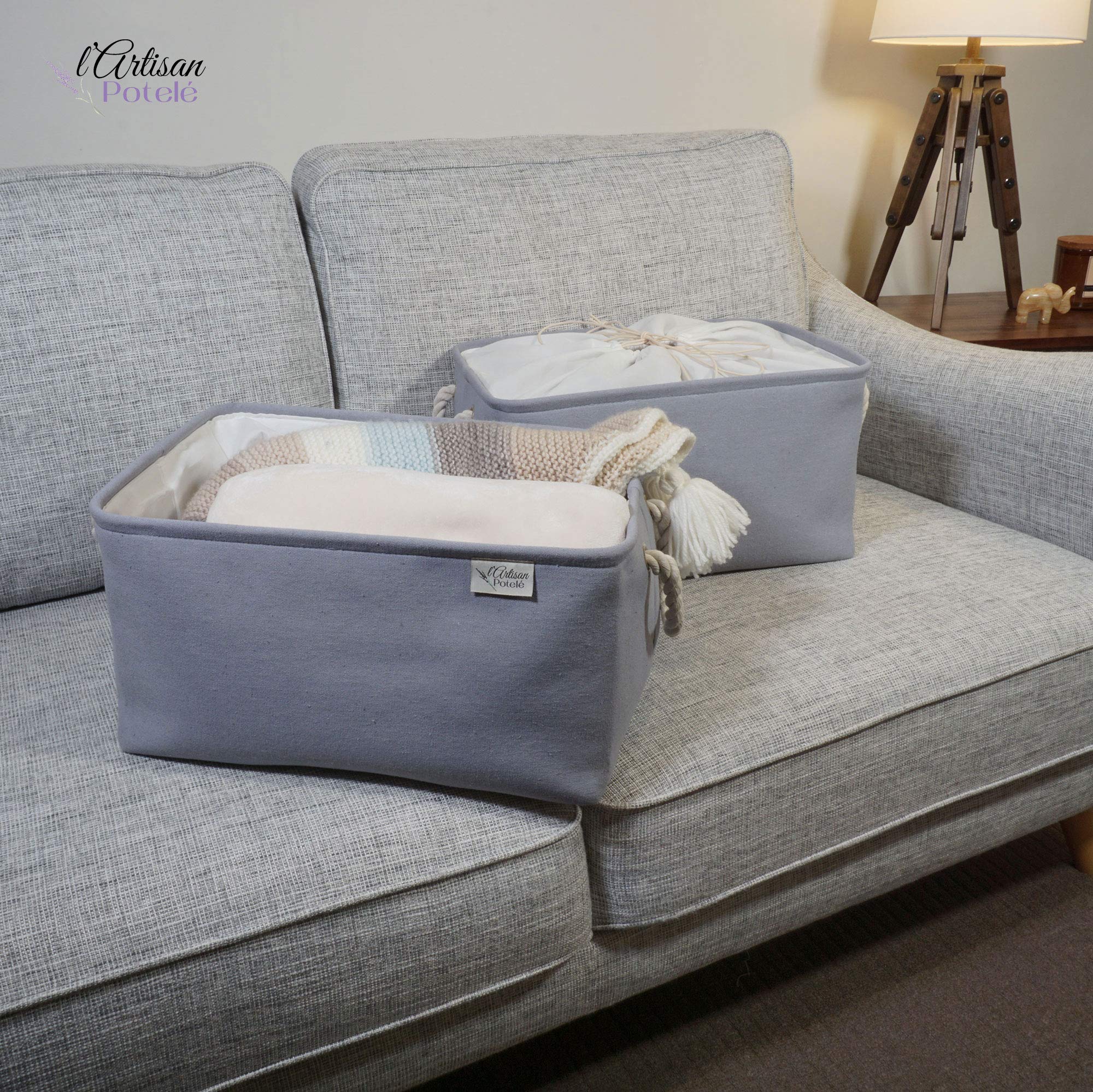 l'Artisan Potelé Storage Basket (2 Set) Lavender Storage Bins / Storage Baskets with Covers (16"x12"x8.5") Attachable Dividers| Decorative Storage Bins, Empty Gift Basket or Dog Toy Baskets