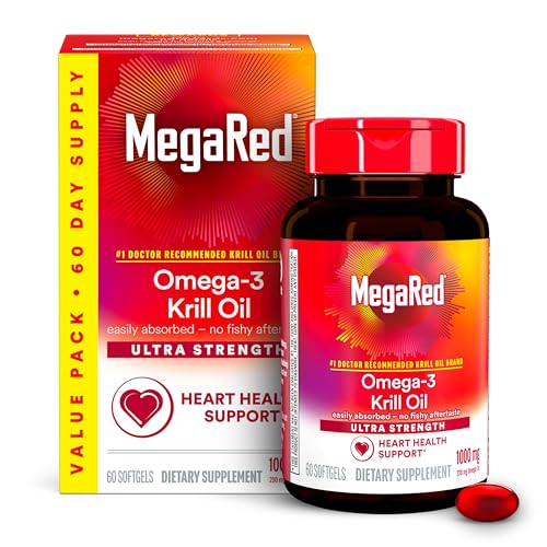 MegaRed #1 Doctor Recommended Krill Oil Brand - 1000mg Omega 3 Supplement with EPA, DHA, Astaxanthin & Phospholipids, Supports Heart, Brain, Joint and Eye Health, No Fish Aftertaste 60 Softgels