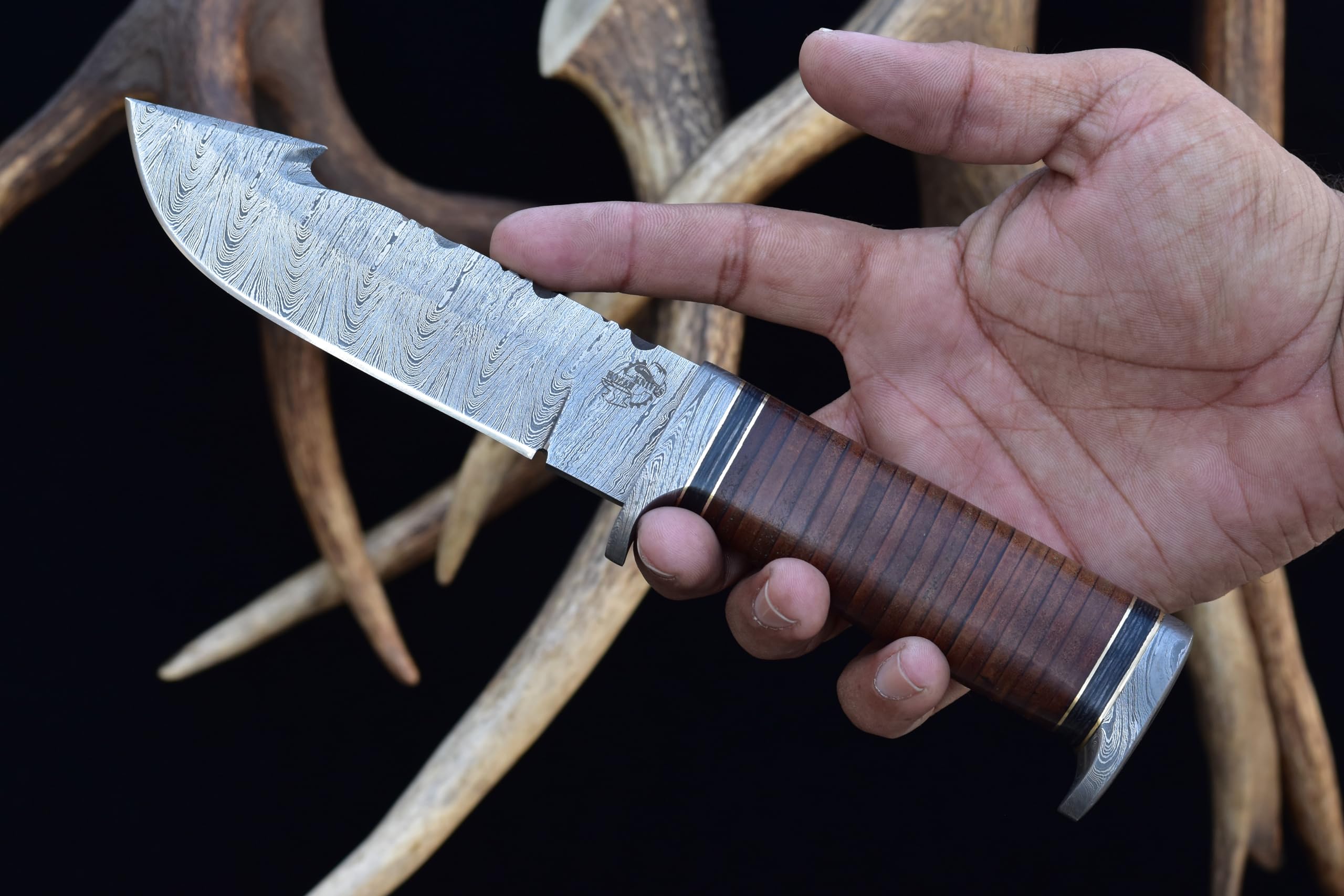 Knives Ranch Handmade Gut Hook Skinning Knife, Stack Leather Handle, Heavy-Duty Leather Sheath (Model 2173)