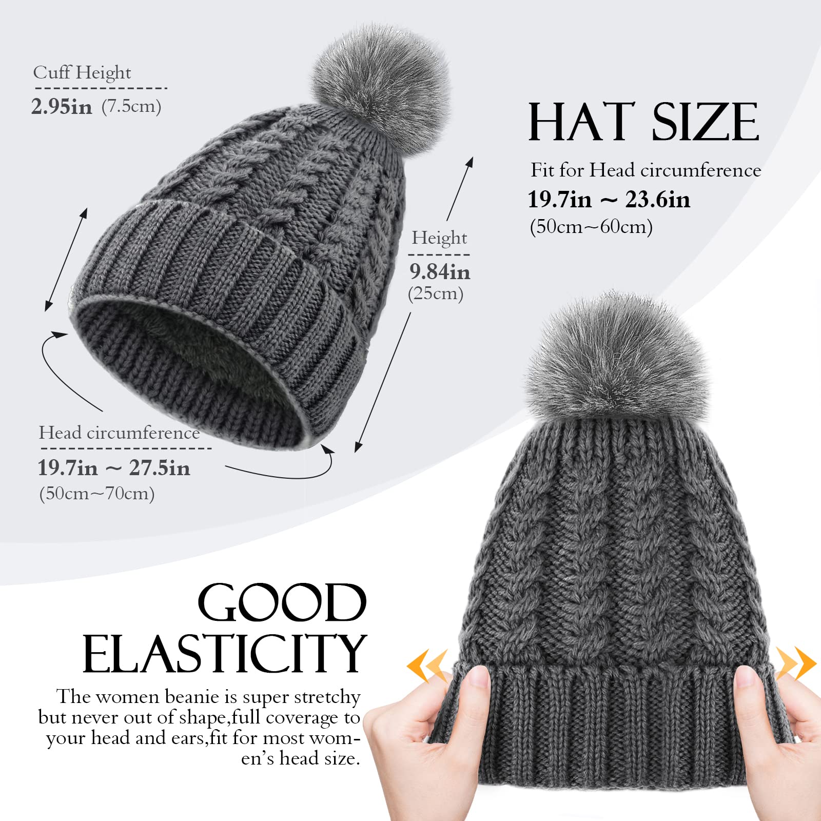 MooonGem Womens Winter Beanie Hats,Soft Beanie with Warm Lined Fashion Warm Chunky Soft Stretch Hats,Thick Knitted Ski Cap Warm Hat for Cold Weather Outdoor Activities Camping Hiking Skiing Grey