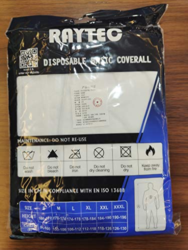 RAYGARD 30003 Disposable Dust Protective Polypropylene PP Coverall with Hood Suit Lightweight Elastic Cuffs, Ankles, Waist Zipper Front for Spray Painting Industrial(Large,White)