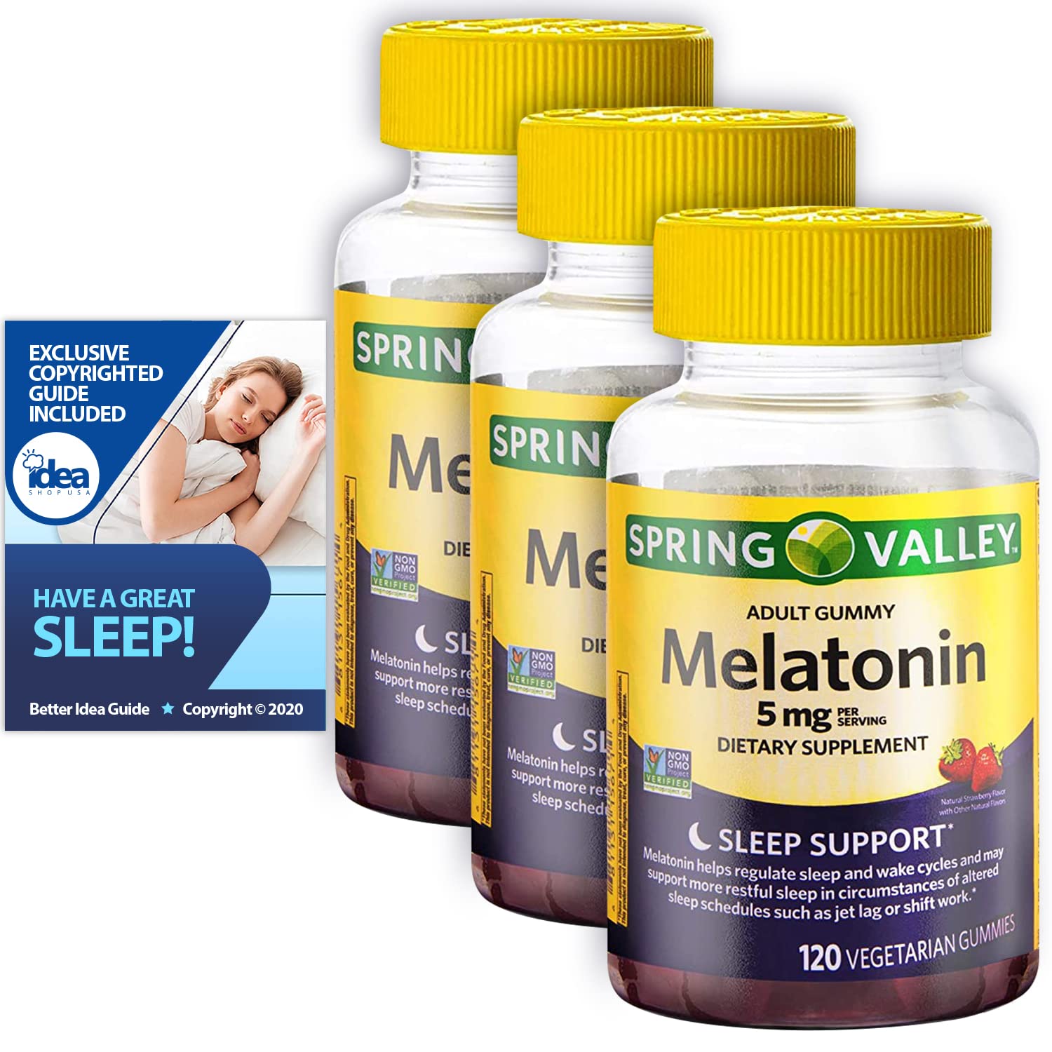 Melatonin Adult Gummies, Sleep Support by Spring Valley, 5 mg, 120 Ct (3 Pack) + “Have a Great Sleep - Better Idea Guide©”
