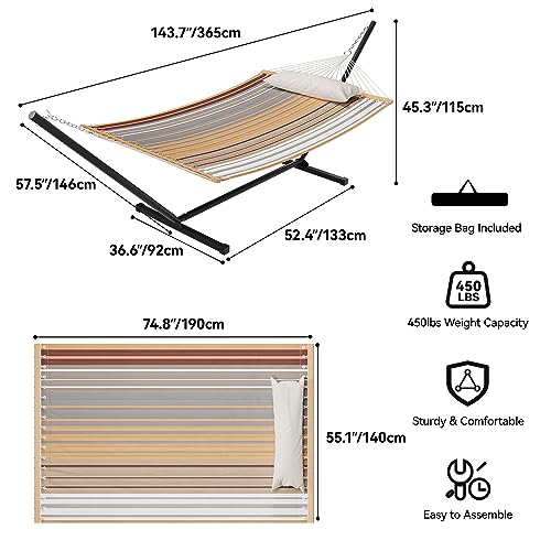 YITAHOME 12FT Hammock with Stand Included Hammock Heavy Duty Hammocks Waterproof Poratble Freestanding Hammock with Pillow Storage Bags 450lbs for Outdoors,Backyard,Yellow Stripes