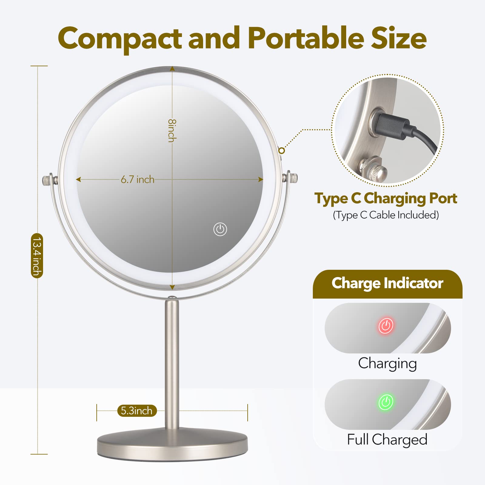 Rechargeable 8 inch Desktop Vanity Mirror with Light,3 Colors 1X/10X Table Lighted Makeup Mirror with 360° Rotation Touch Screen,LED Dimmable Desk Lit Cosmetic magnifying Mirror Brushed Nickel