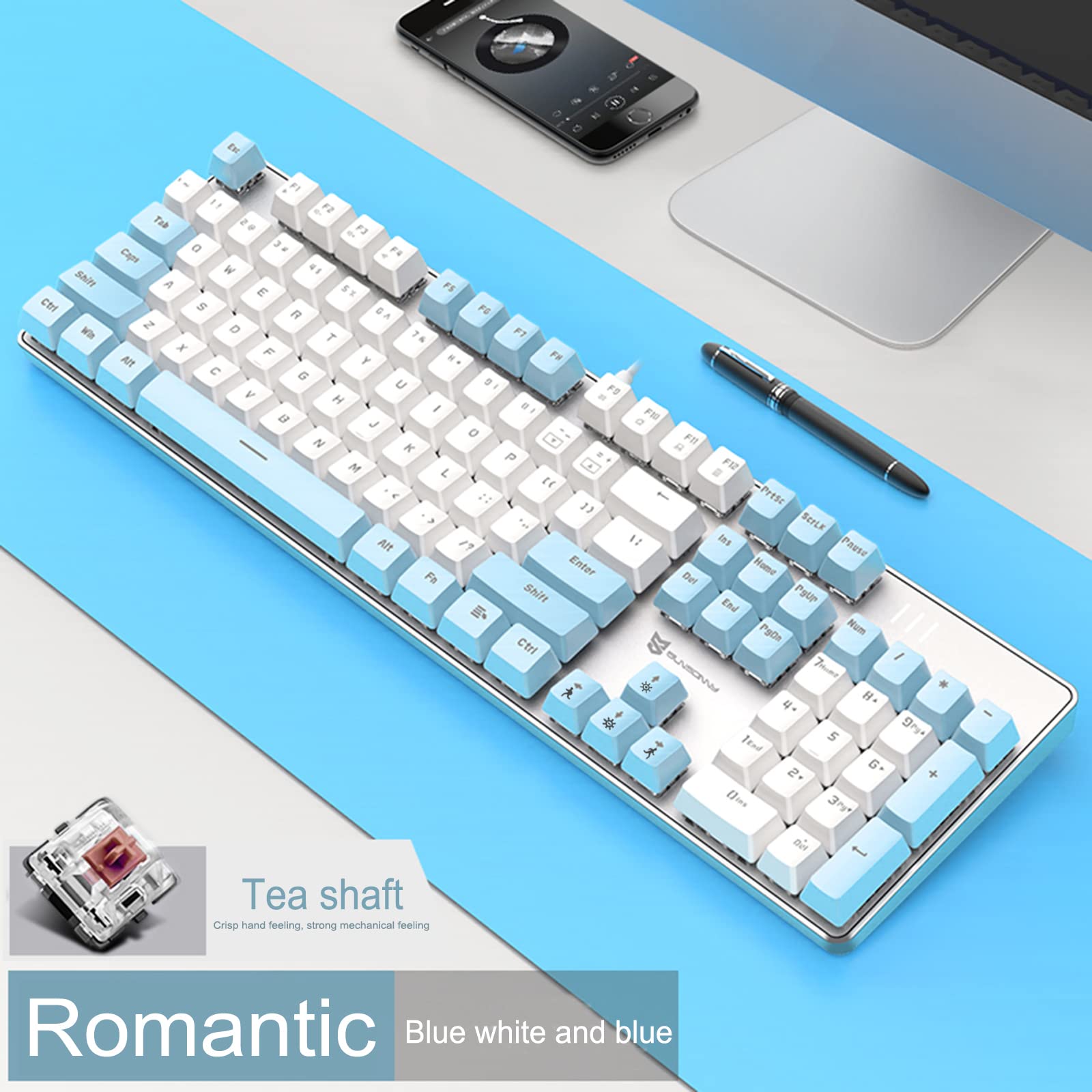Mechanical Gaming Keyboard 104 Keys Mixed Color with Blue LED Backlit Wired USB Anti-Ghosting Keys Ergonomic Design Metal Panel Keyboard for PC Mac Laptop (Brown Switch, Blue White)
