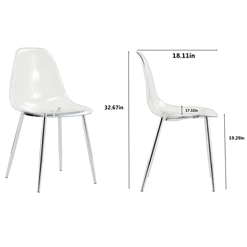 Yoluckea Crystal Clear Dining Chairs Set of 4, Modern Plastic Shell Kitchen Chairs Accent Ghost Chairs with Metal Legs for Kitchen, Dining, Living, Guest, Bed Room (Silver Frame)