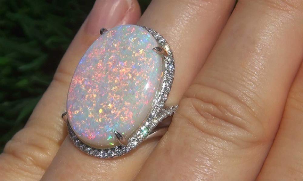LRGKMCWTOB Women's Large 925 Silver Fire Opal Gemstone Ring Oval Cut Micro Mosaic Cubic Zirconia Ring Wedding Engagement Ladies Jewelry Size 6-10 (US code 8)