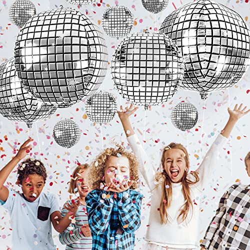WXJ13 20 Pack Big Disco Ball Balloons for 3 Different Sizes, 32β 22β 10ββ 4D Large Disco Balloons Round Metallic Silver Disco Mylar Foil Balloons for 70s 80s Disco Party Decorations