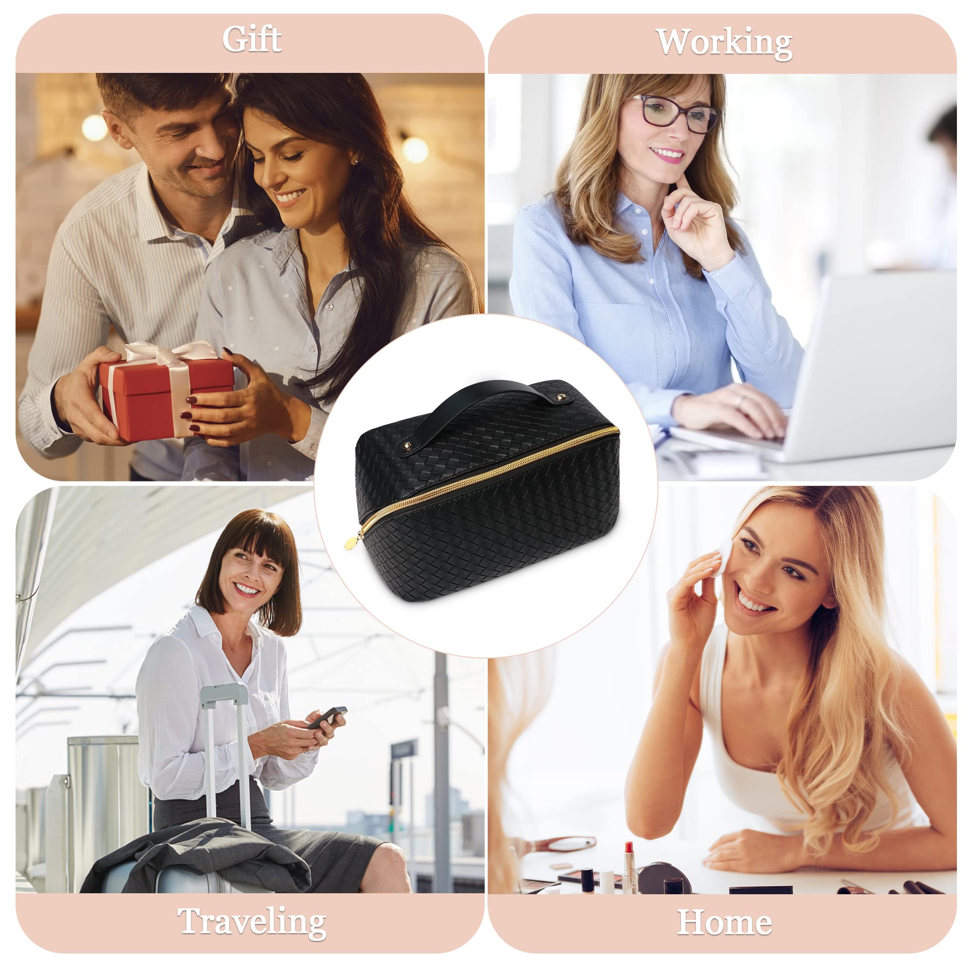Tesuko Quilted Large Capacity Waterproof PU Leather Cosmetic Bag with Handle and Divider, Black, for Women