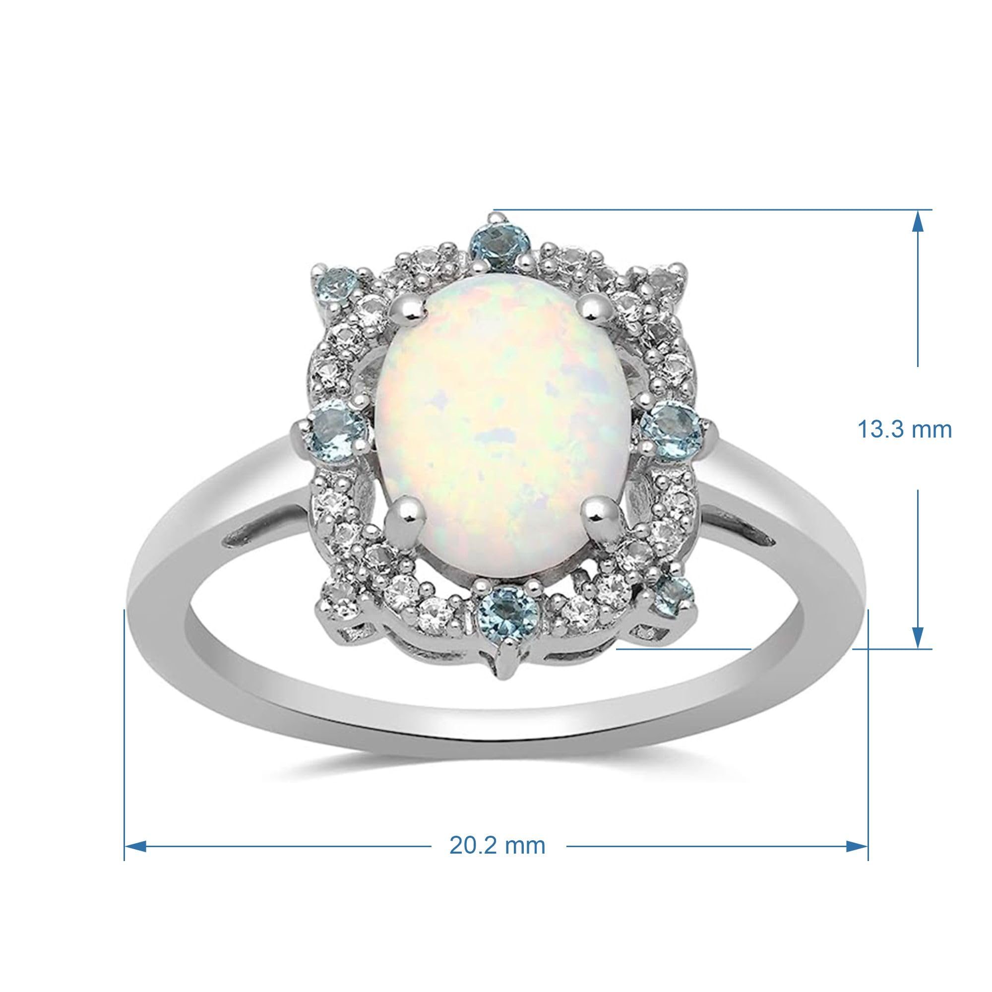 Jewelili Halo Ring in Sterling Silver with Oval Shape Created Opal, Round Swiss Blue Topaz and Created White Sapphire, Size 7