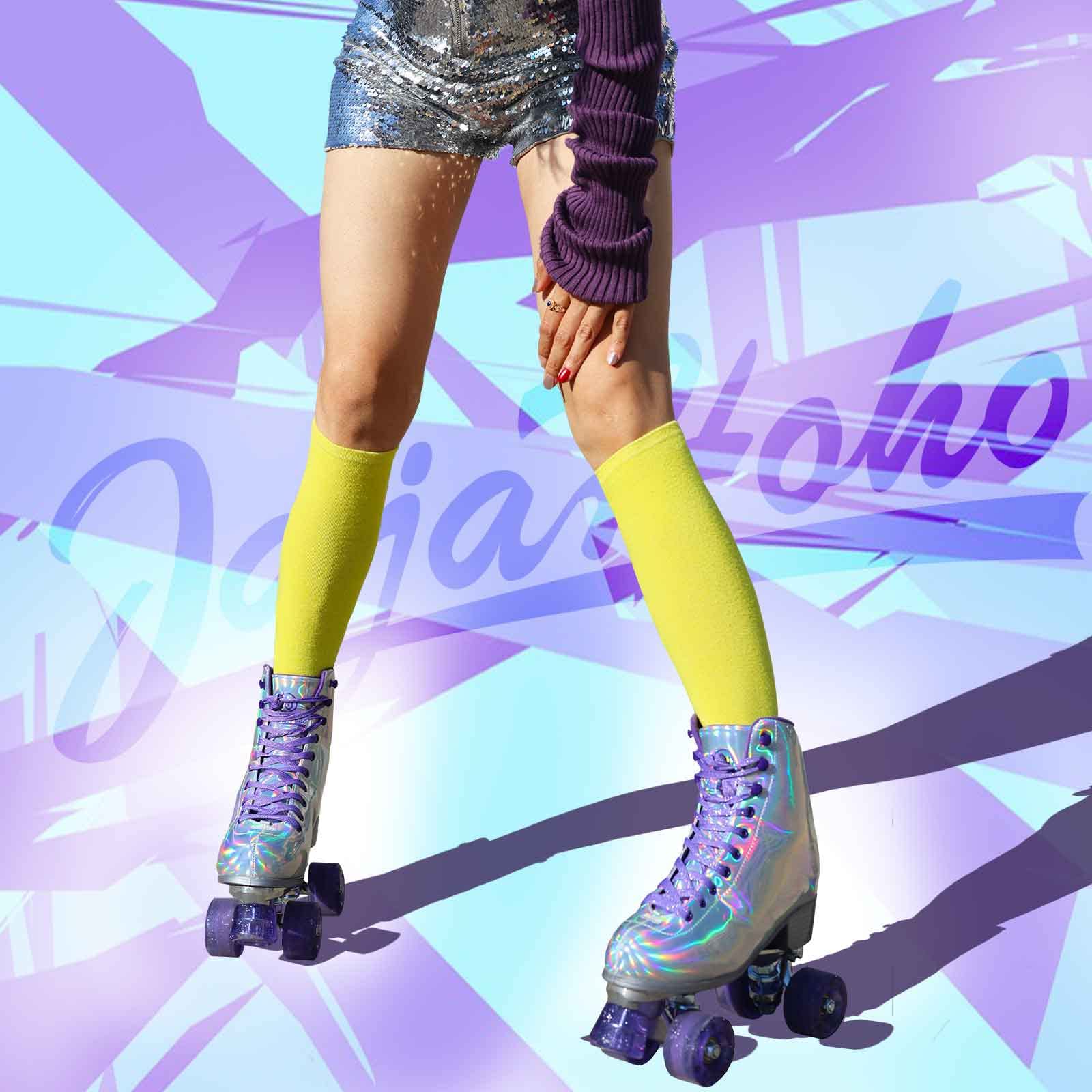 JajaHoho Roller Skates for Women, Holographic High Top PU Leather Rollerskates, Purple Shiny Double-Row Four Wheels Quad Skates, Age 8-50 Indoor Outdoor, Silver, Aluminum Trucks Baseplate, Size 8