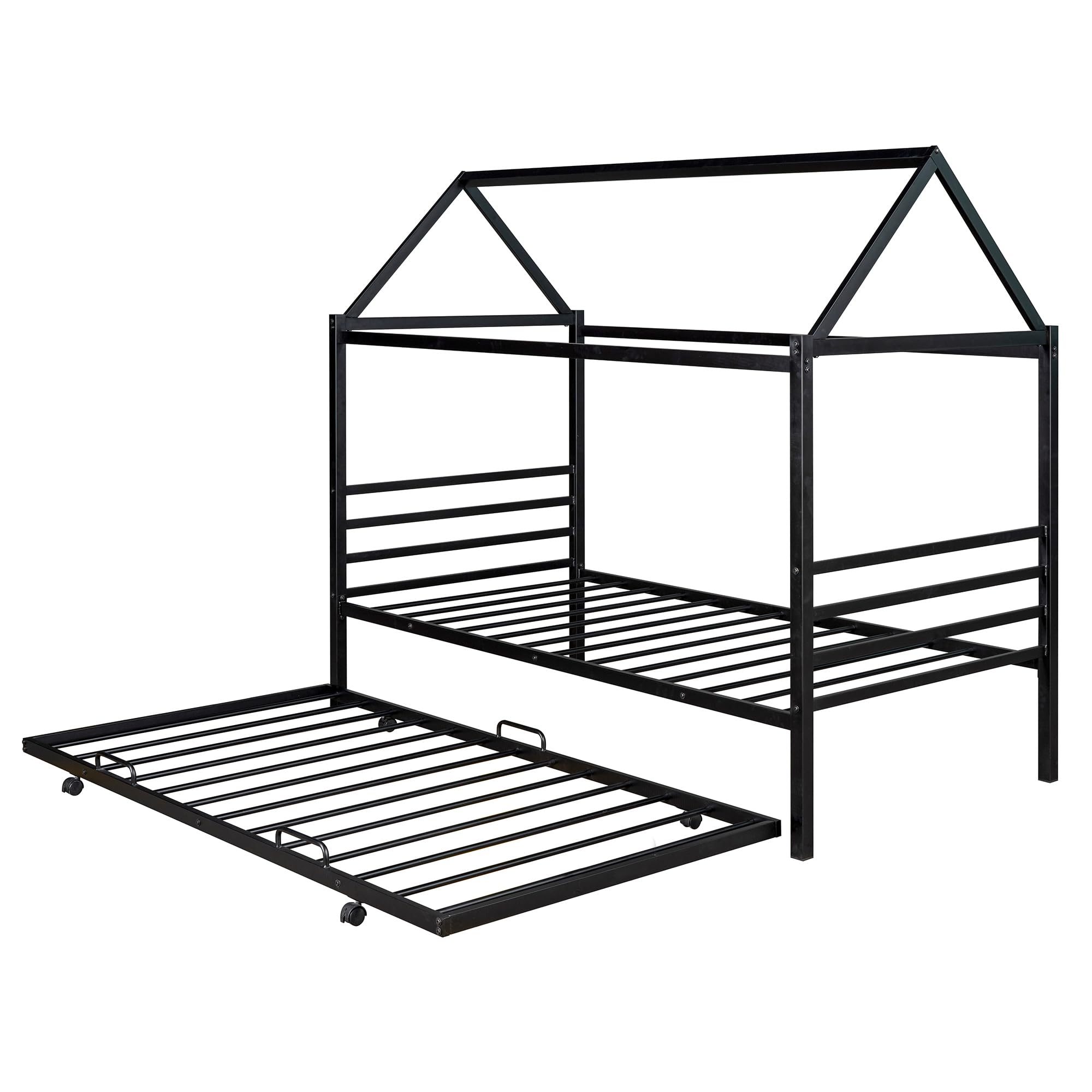 KoiHome Twin Size Metal House Shape Platform Bed with Trundle, Modern Sturdy Metal Bed Frame with Solid Metal Slats for Kids,Teens Bedroom, Space-Saving, No Box Spring Needed, Black