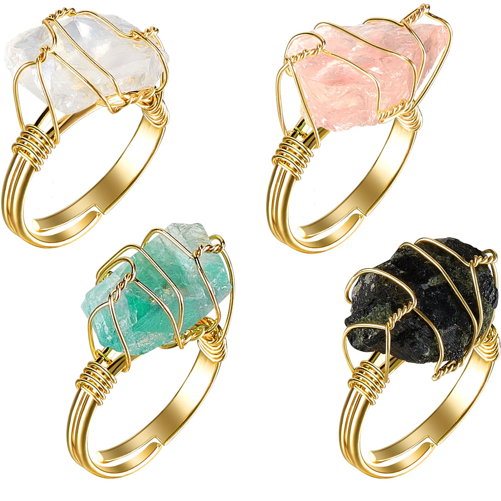 Kigeli 4 Pieces Chakra Crystal Ring Healing Crystal Ring Crystal Gemstone Adjustable Ring Irregular Crystal Wire Wrapped Ring Jewelry for Women and Girls (Pink, White, Black, Green)