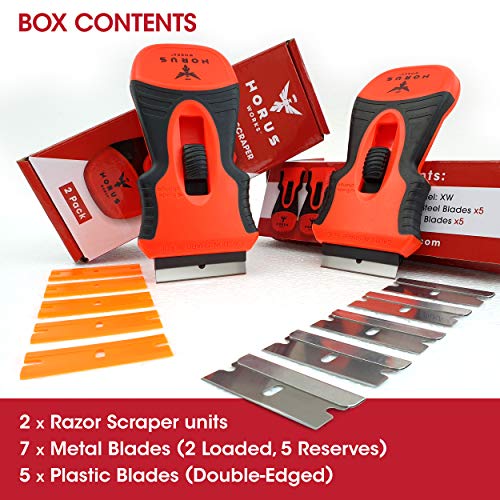 Razor Blade Scraper Set of 2 – Multi-Purpose Razor Scraper Designed to Remove Labels, Stickers, Decals, Caulk, Adhesive, Paint - Bonus Steel and Plastic Blades for Heavy Duty and Delicate Cleaning