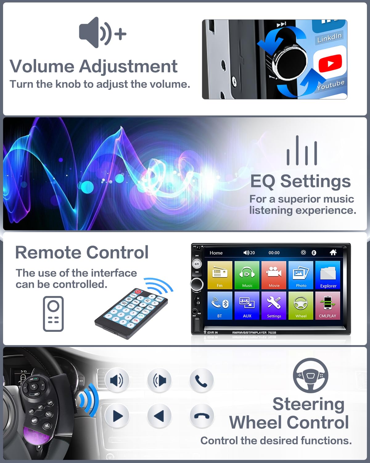 Inefala Car Stereo Double Din with Bluetooth, 7 Inch Touchscreen Car Radio with Backup Camera Support Mirror Link, FM Radio, USB/TF/AUX Input, Remote Control, Steering Wheel Remote