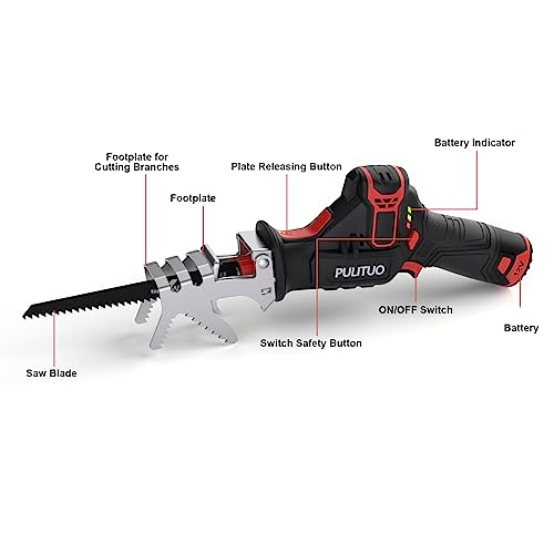 PULITUO Cordless Reciprocating Saw, Speed 3000SPM with Clamping Jaw, Including 2000 mAh/ 1-Hour Fast Charge,Safety Gloves& Goggles, 4Pcs of Saw Blades for Wood