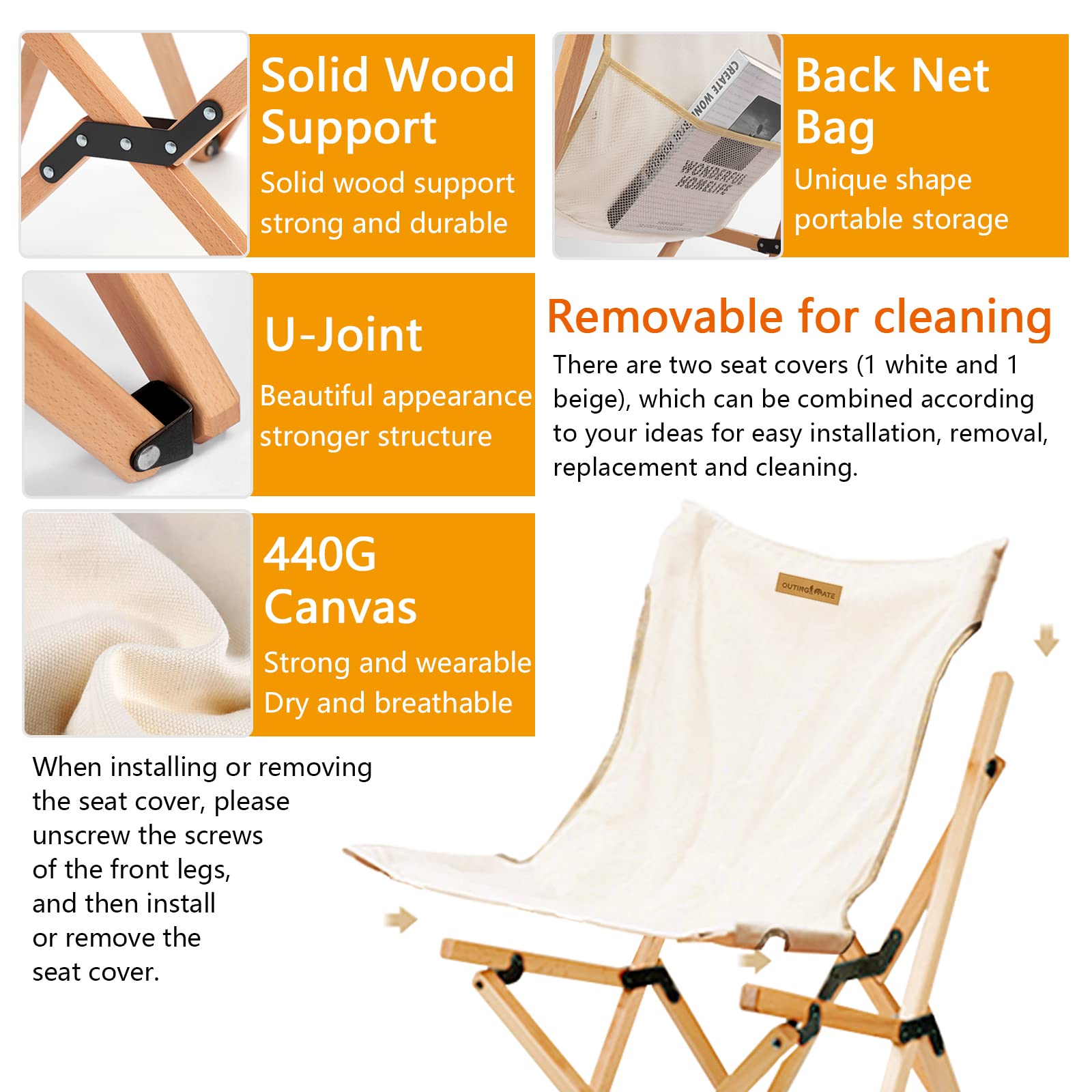OUTING MATE Wood Camping Chair, Folding Solid Wood Beach Chair,Wood Beach Chair,Wooden Folding Butterfly Chair, Solid Wood Camping Chair(Beech (White)