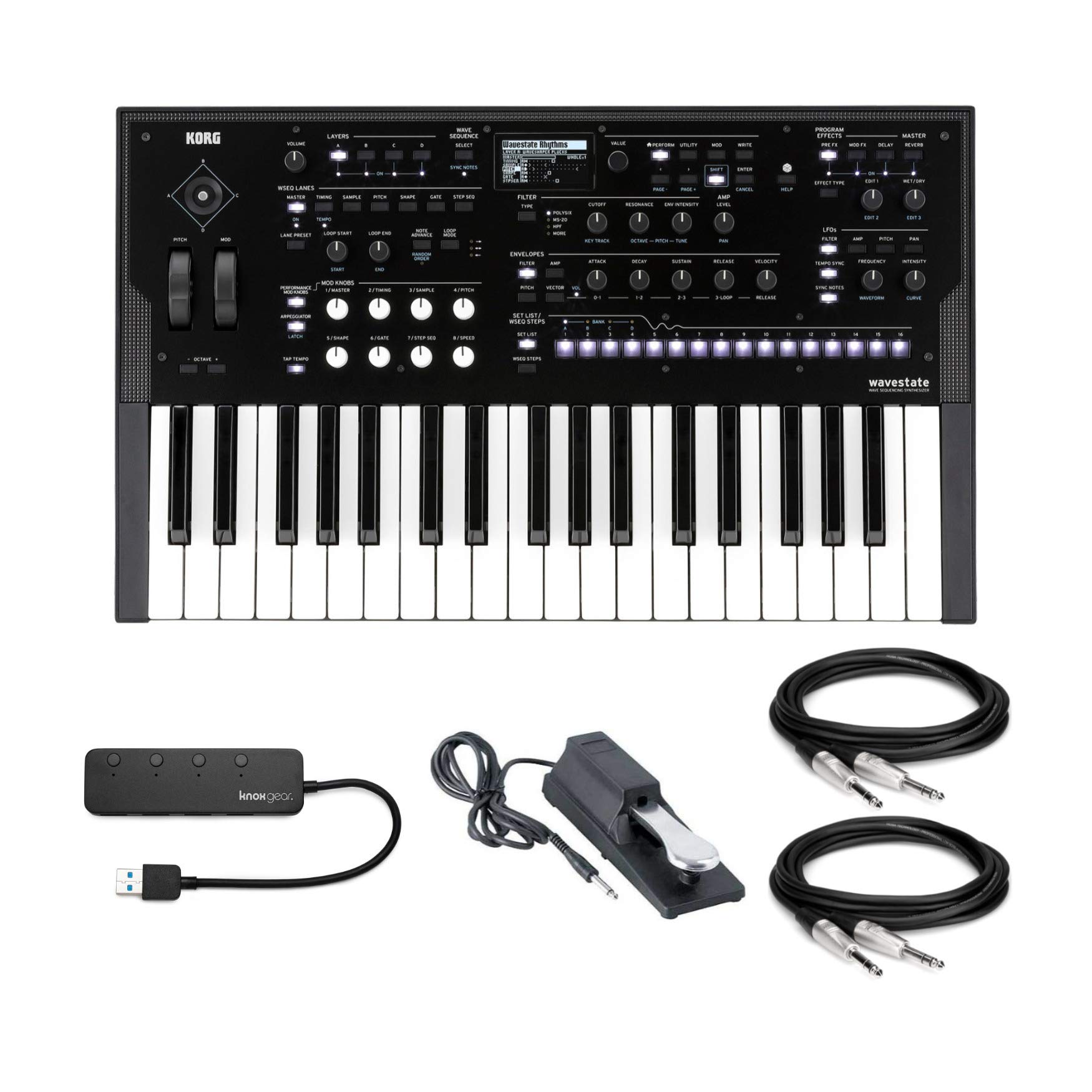 Korg Wavestate Wave Sequencing 37-Key Digital Synthesizer Bundle with Sustain Pedal, 1/4-Inch TRS Cables (2-Pack), and 4-Port USB 3.0 Hub (5 Items)