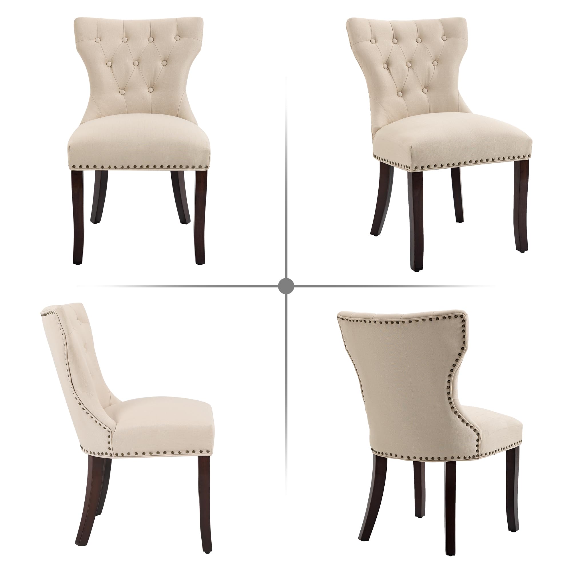 LSSBOUGHT Set of 2 Fabric Dining Chairs Leisure Padded Accent Chairs with Brown Solid Wooden Legs Nailed Trim 300 LBS Weight Capacity, Tan